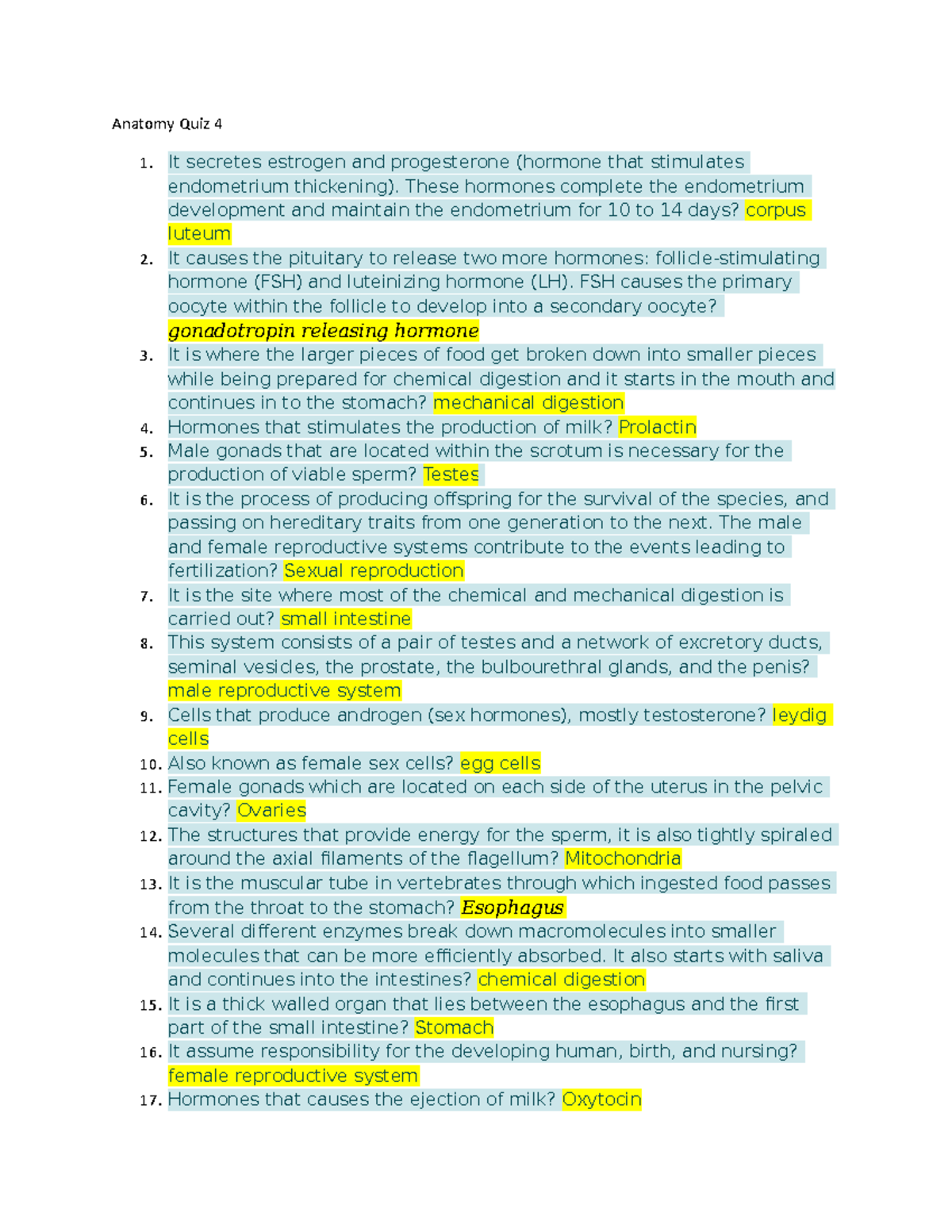 Female Reproductive System Anatomy Quiz