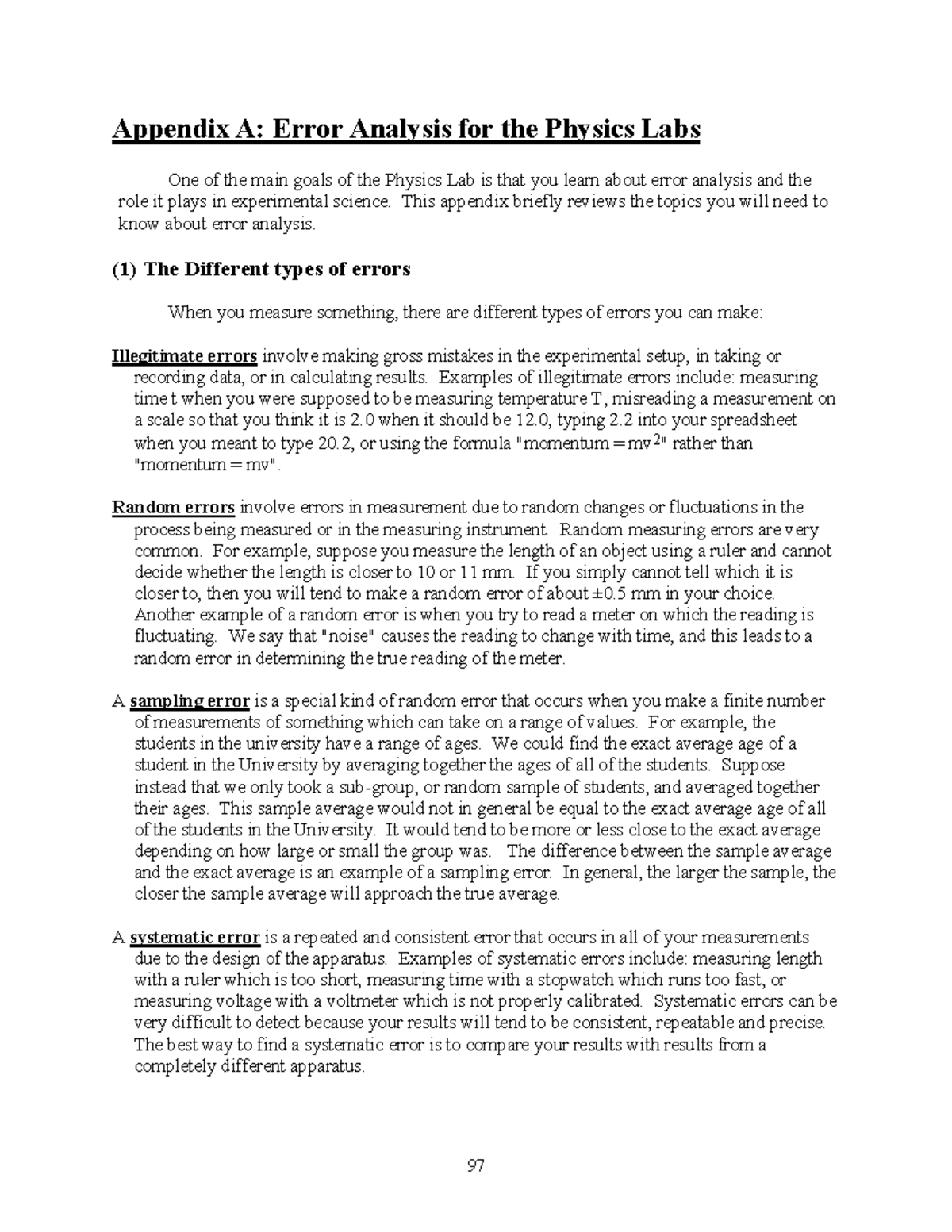 12-Phys261-Appendix A errors - F2015 - Appendix A: Error Analysis for the Physics Labs One of ...