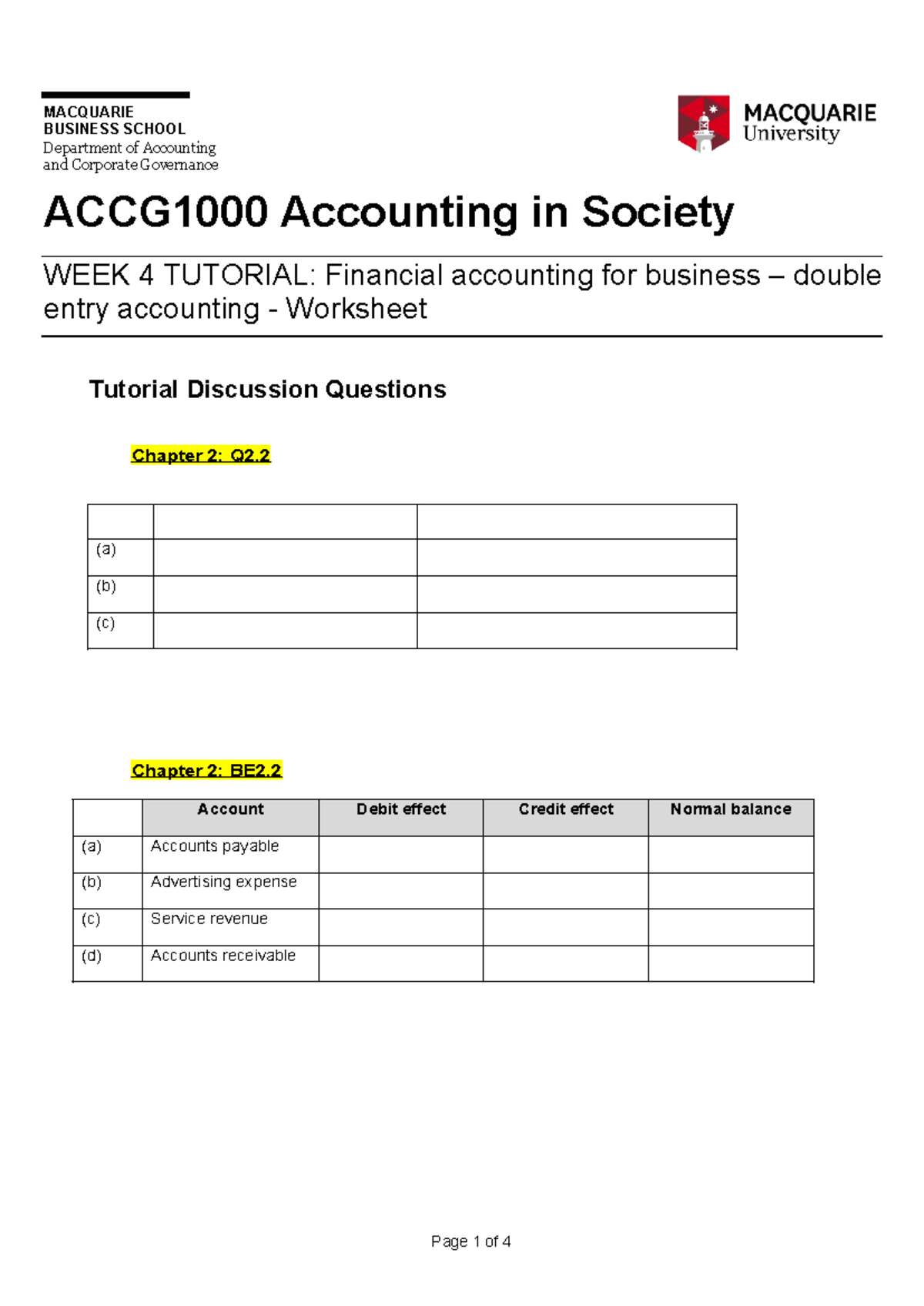 Week 4 Tutorial Workbook 2 - MACQUARIE BUSINESS SCHOOL Department of ...