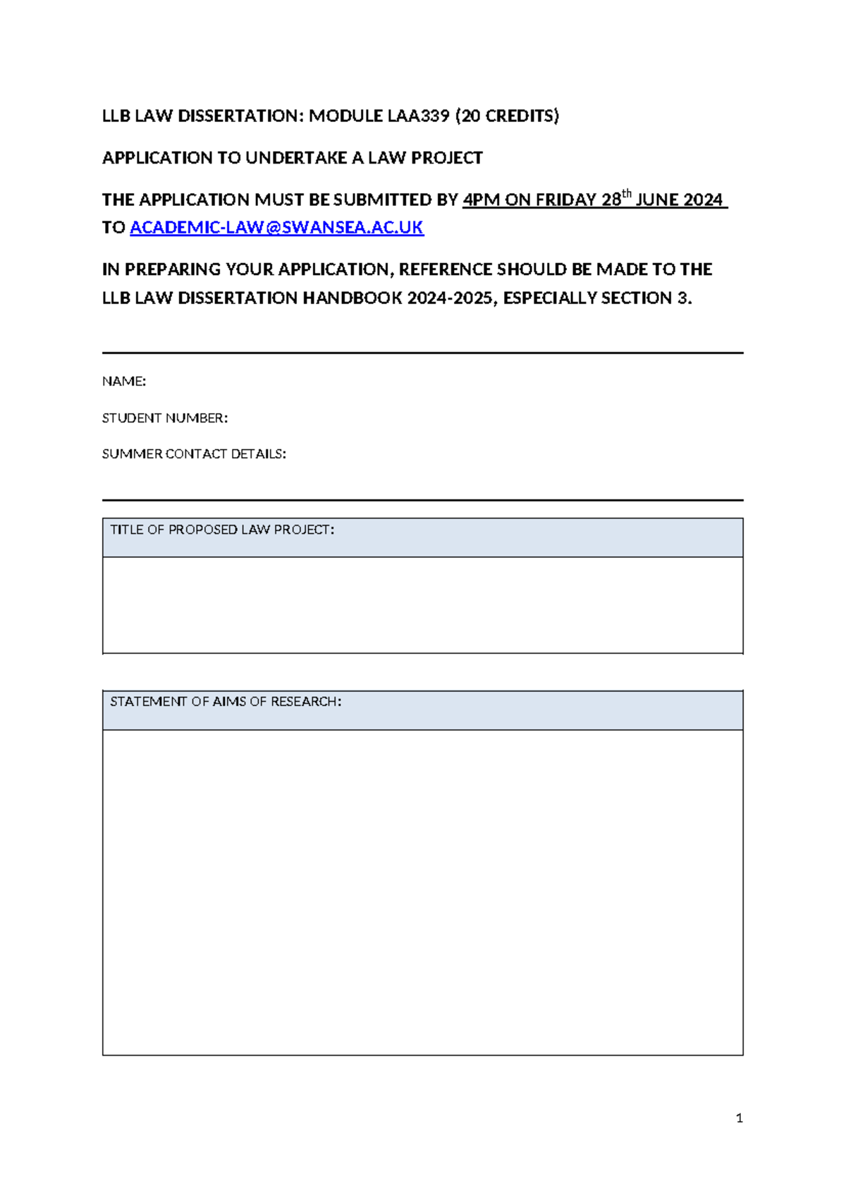 Dissertation Application Form 24-25 - LLB LAW DISSERTATION: MODULE LAA339 (20 CREDITS ...
