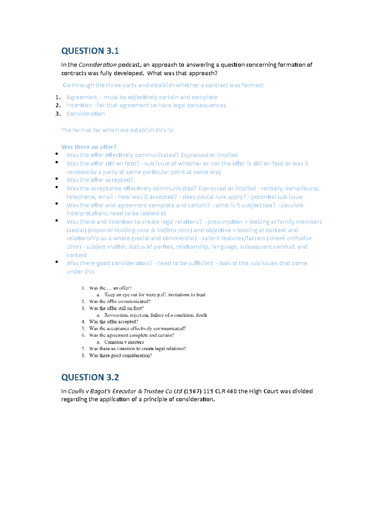 LLB202 - Contract Law Week 3 Tutorial Notes - QUESTION 3. In the ...