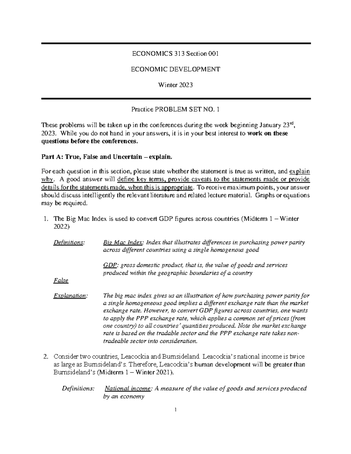 [ Solutions] ECON313 - PS1 (Winter 2023) - ECONOMICS 313 Section 001 ECONOMIC DEVELOPMENT Winter ...