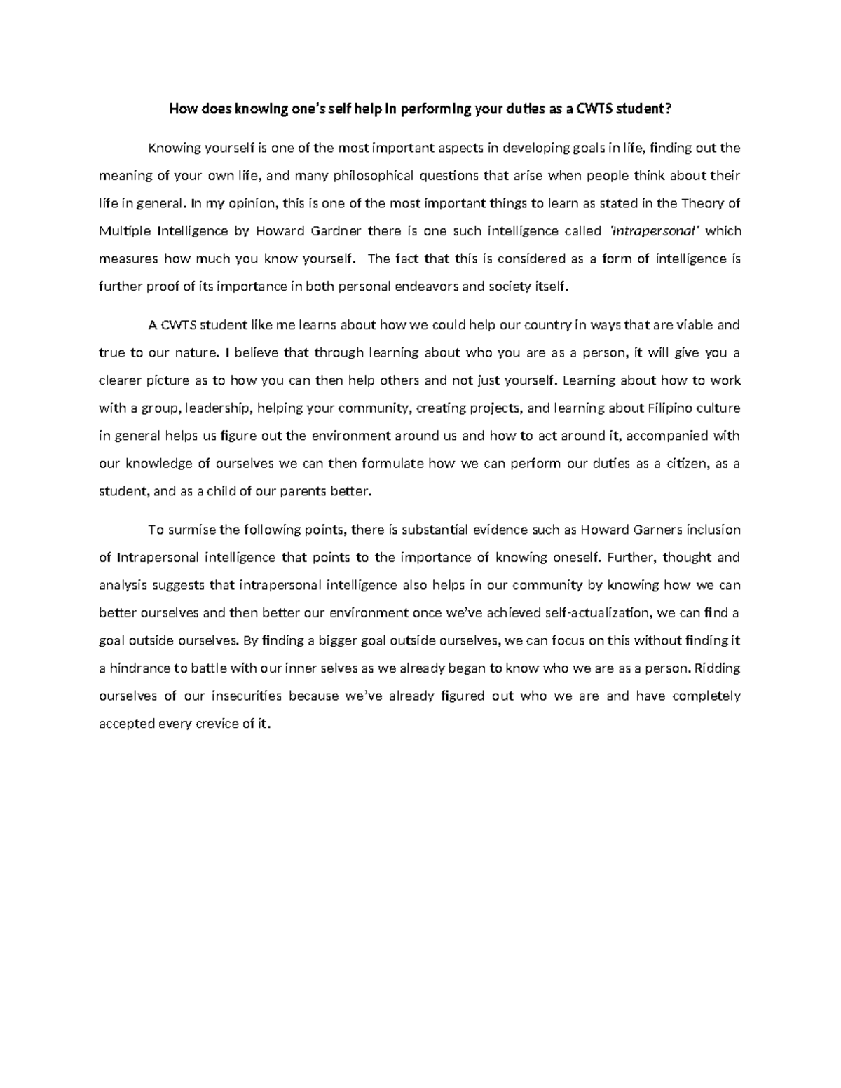 CWTS01-B19-Essay 2 - FSADFSF - How does knowing one’s self help in ...