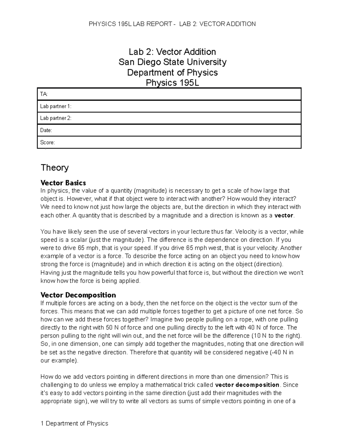 PHYS+195L+Vector+Addition+Lab - PHYSICS 195L LAB REPORT - LAB 2: VECTOR ...