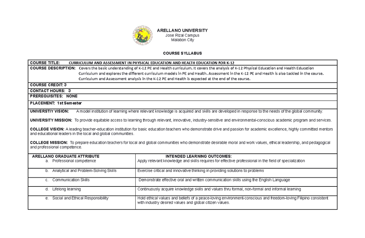 SSC 002 Curriculum and Assessment for PE and Health - ARELLANO UNIVERSITY Jose Rizal Campus ...