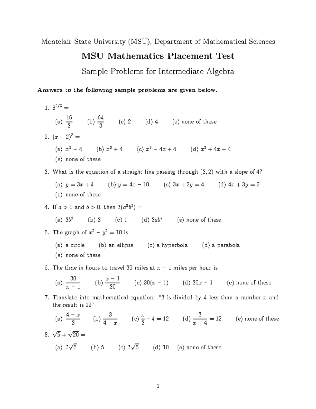 Intermediate algebra sample problems - Montclair State University (MSU ...
