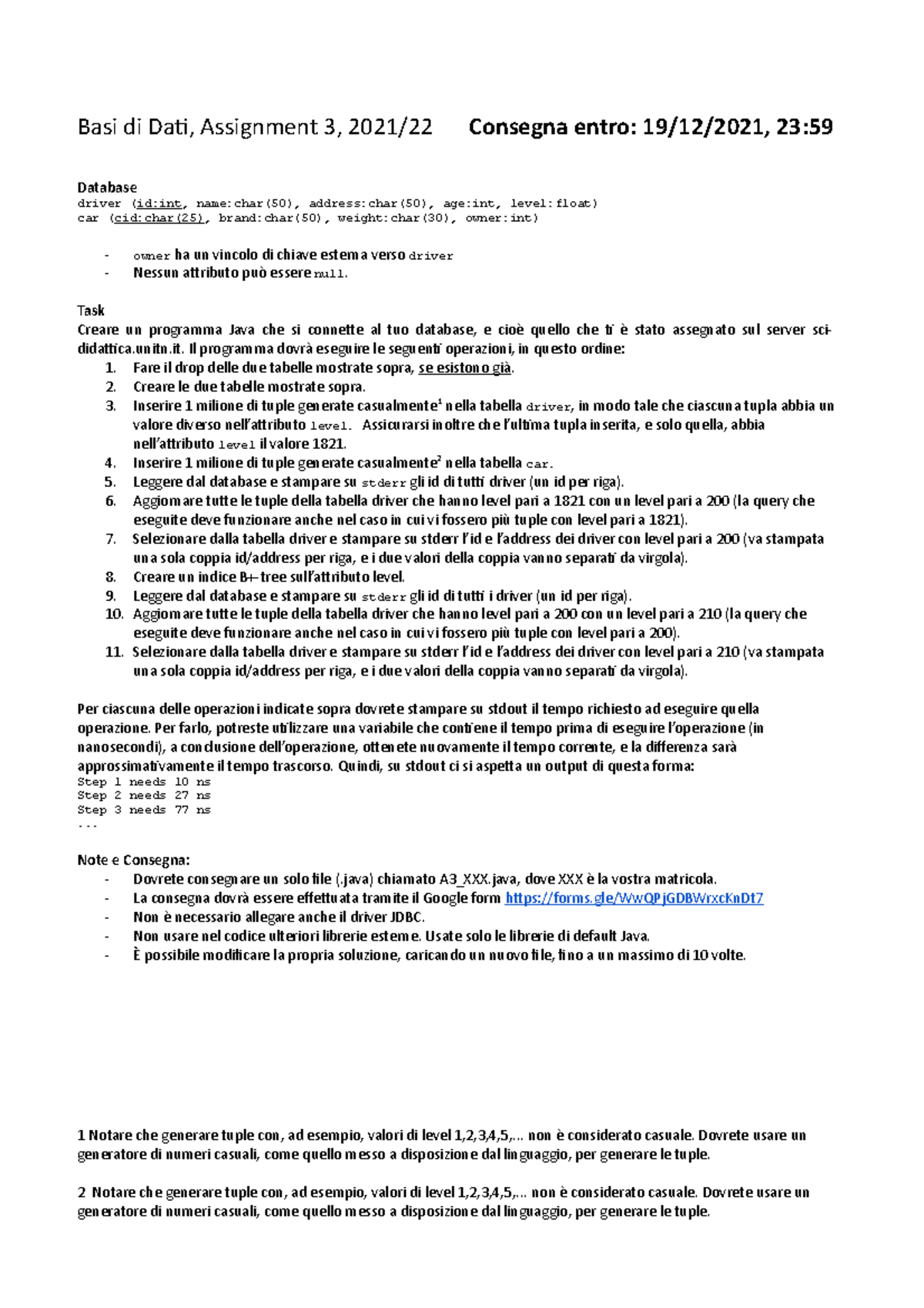 Esercizi sql e java - Basi di Dati, Assignment 3, 2021/22 Consegna entro: 19/12/2021, 23 ...