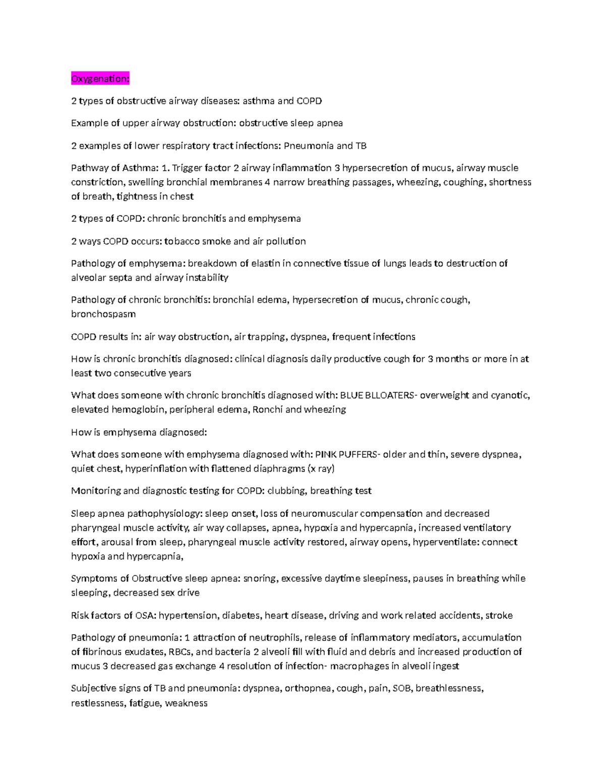 Exam 1 Review - Oxygenation: 2 types of obstructive airway diseases ...