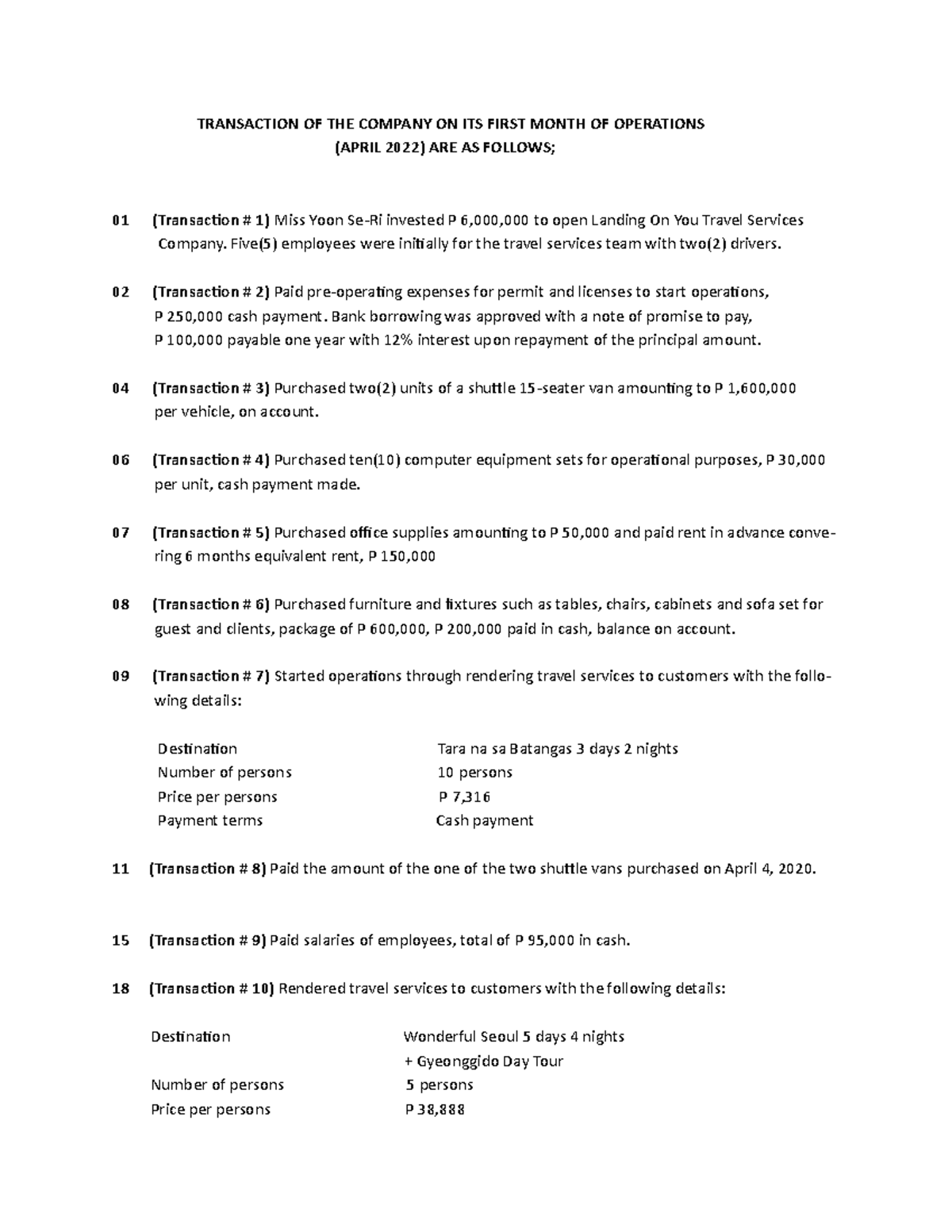 Transaction OF THE Company ON ITS First Month OF Operations ...