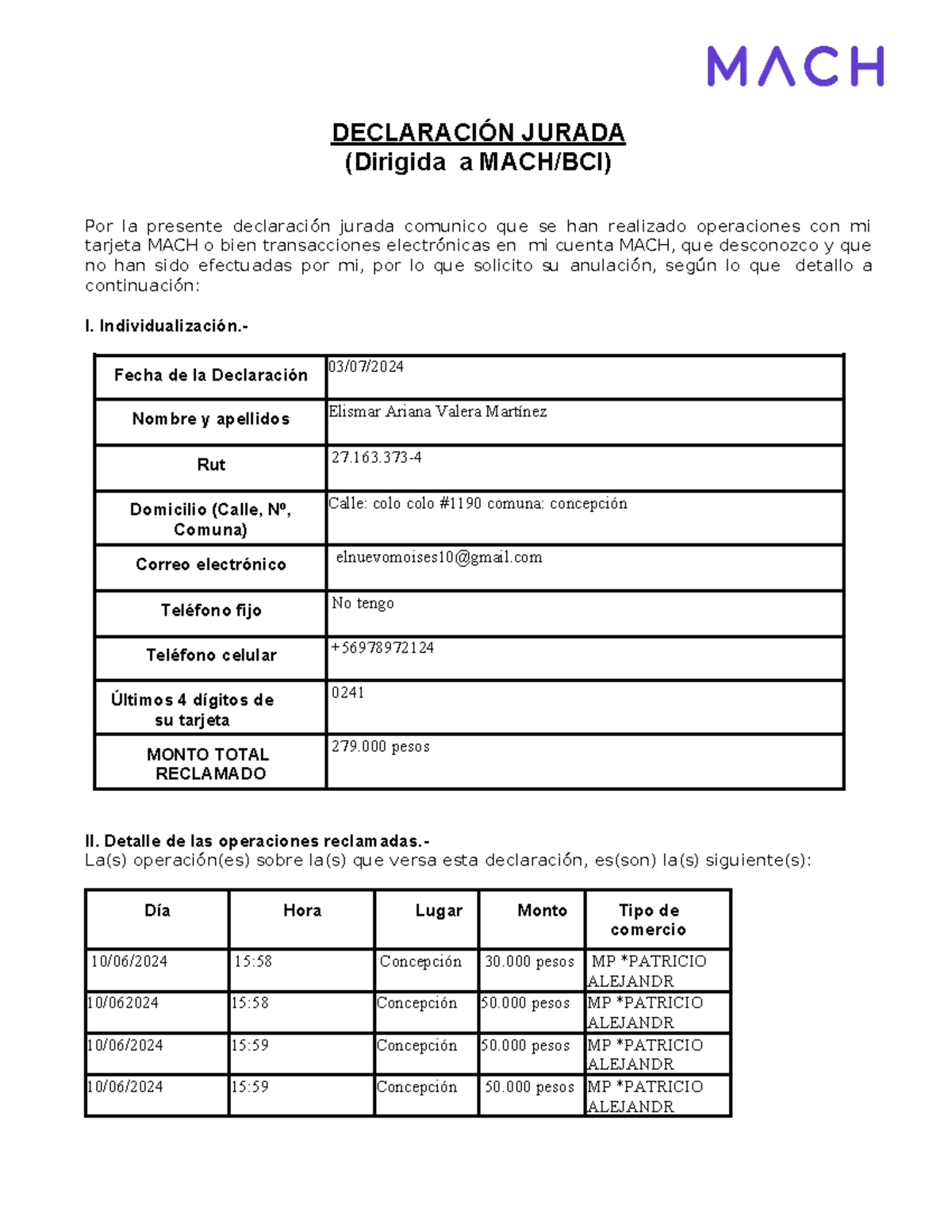 1237 pm Declaracio N Jurada - DECLARACIÓN JURADA (Dirigida a MACH/BCI) Por la presente ...