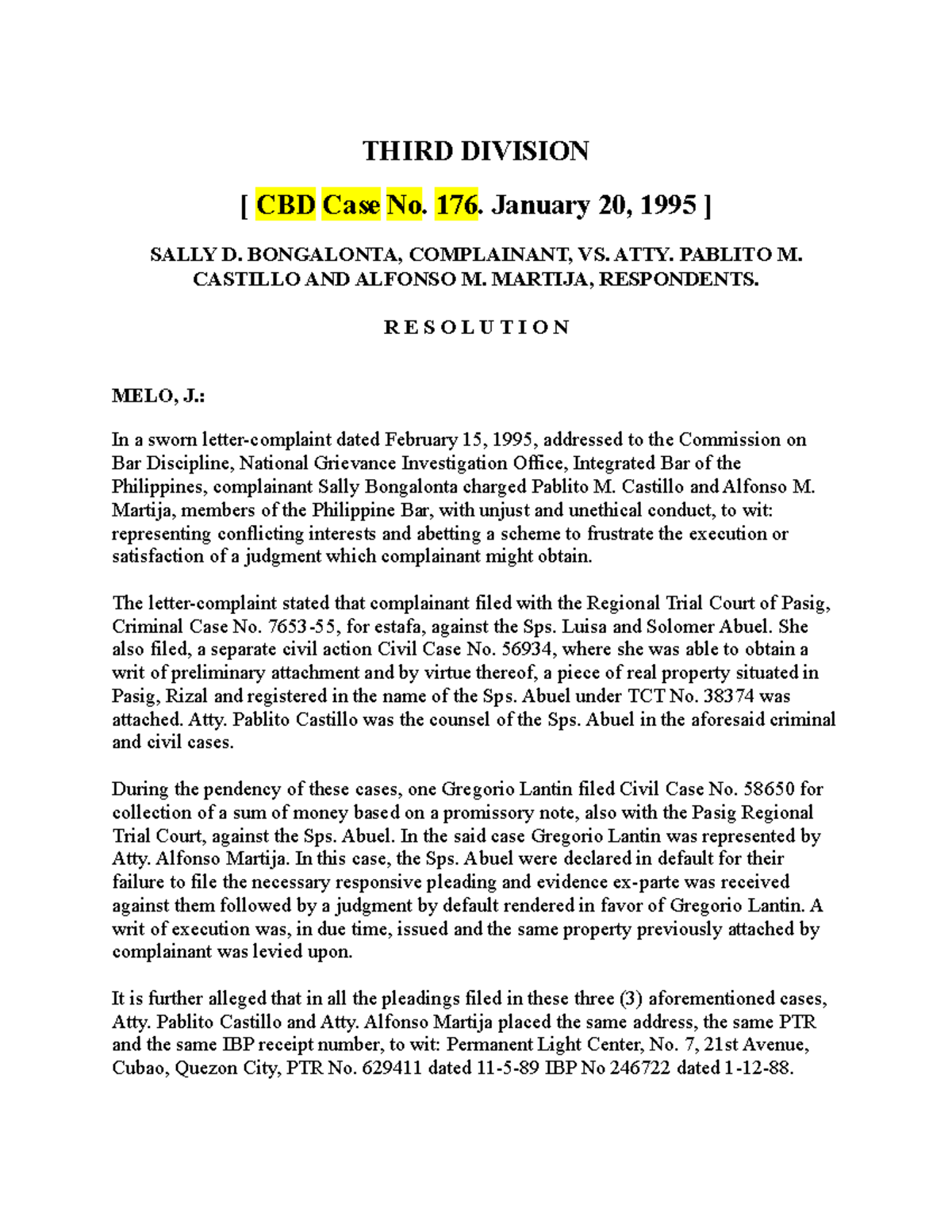 Cases 1 - lecture - THIRD DIVISION [ CBD Case No. 176. January 20, 1995 ...