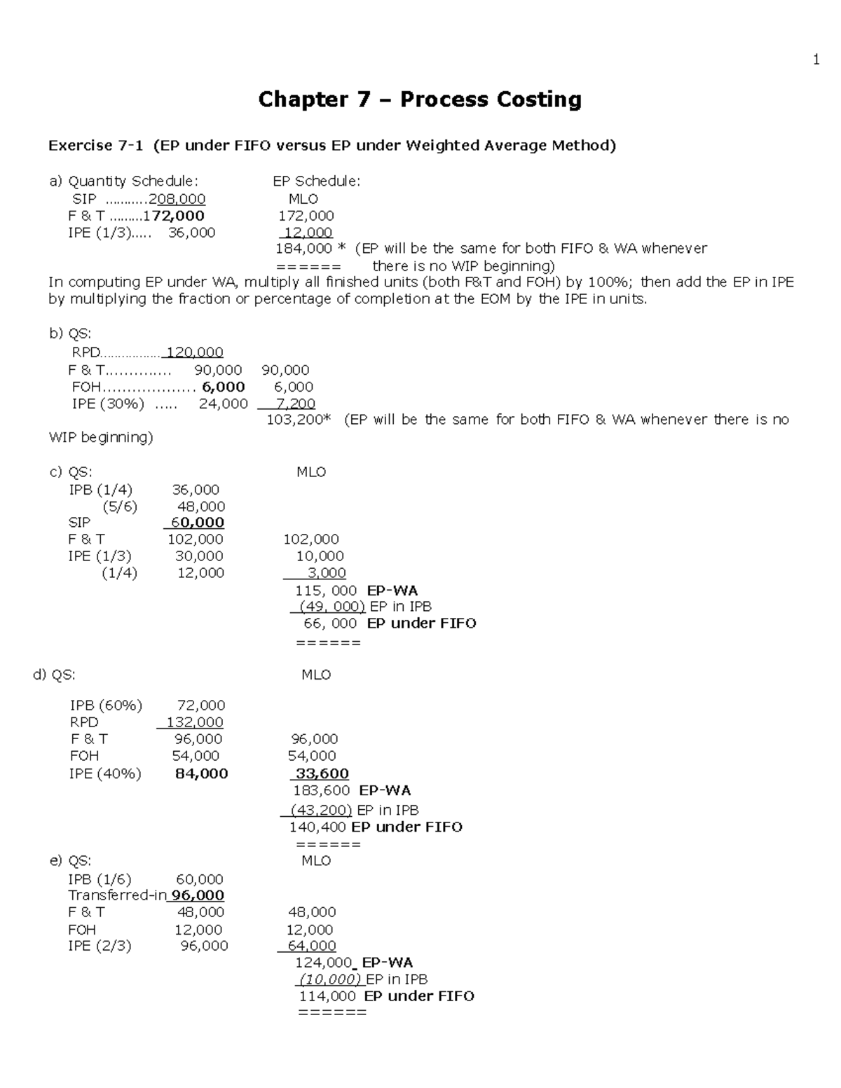 Ch7PC - Costing - Chapter 7 – Process Costing Exercise 7-1 (EP under FIFO versus EP under ...