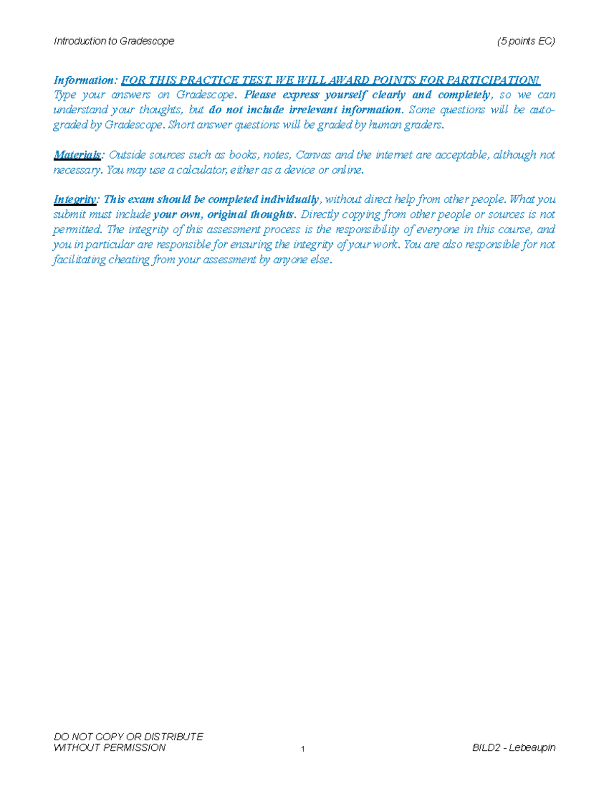 Gradescope practice Answer KEY - BILD 2 - UCSD - Studocu
