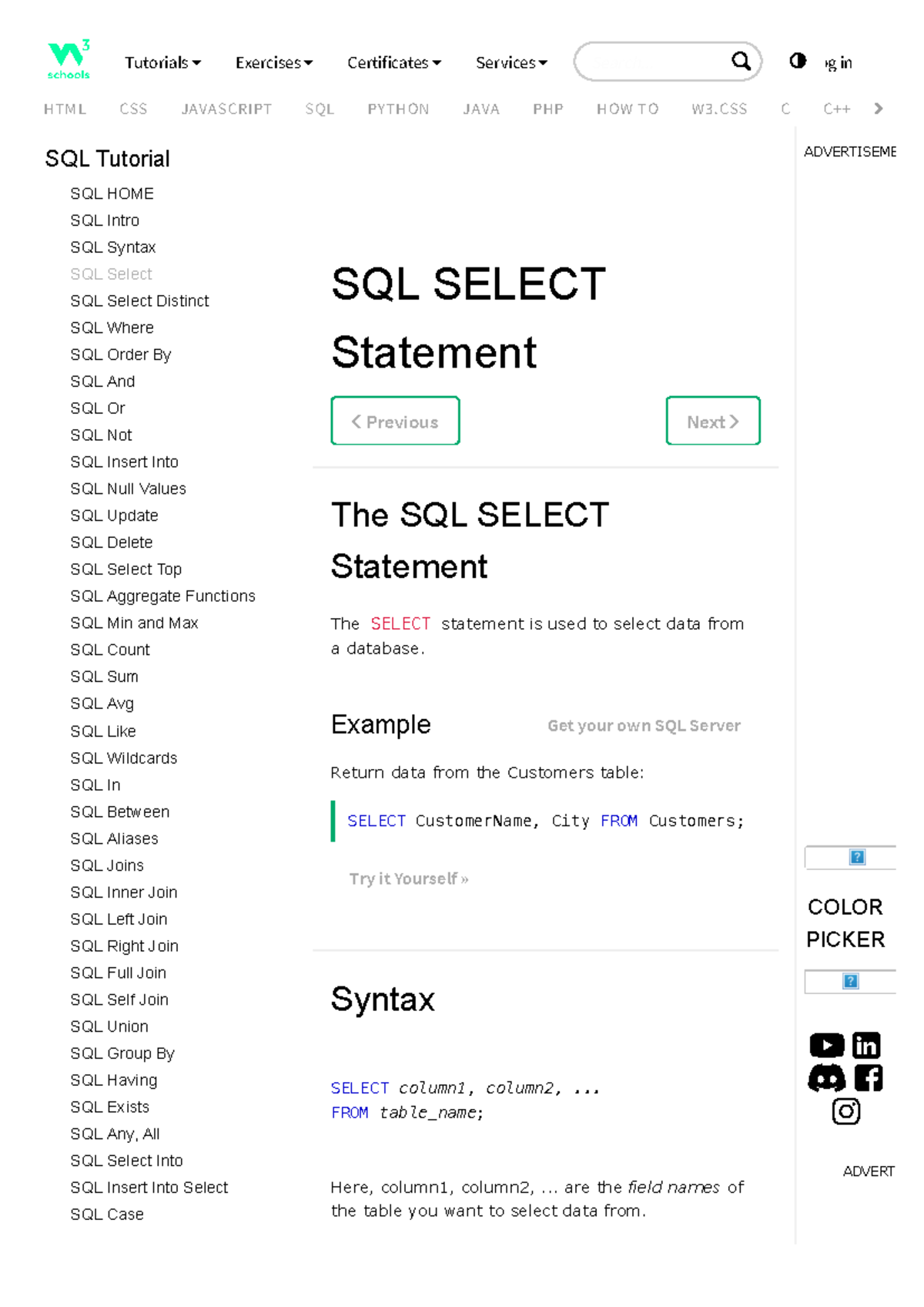 SQL Statements - Database Systems - ‹ Previous Next › SQL SELECT ...