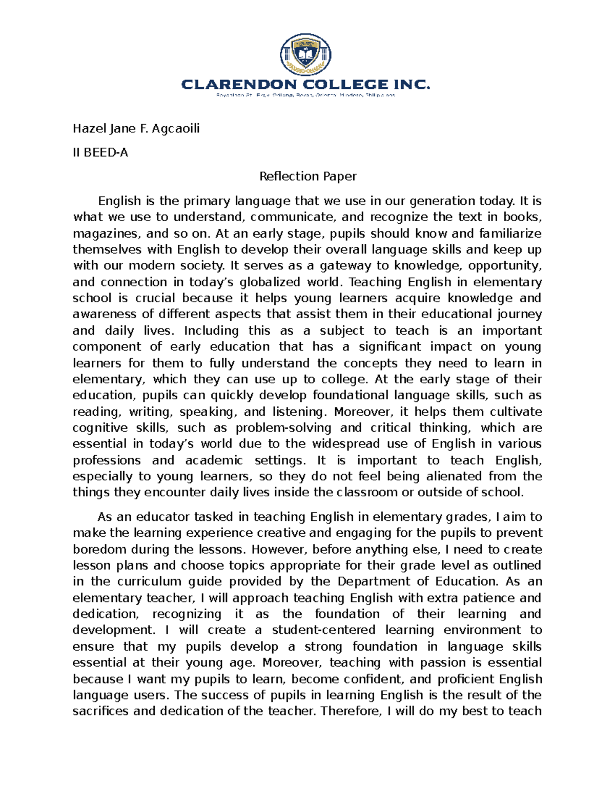 English Reflection - Hazel Jane F. Agcaoili II BEED-A Reflection Paper ...