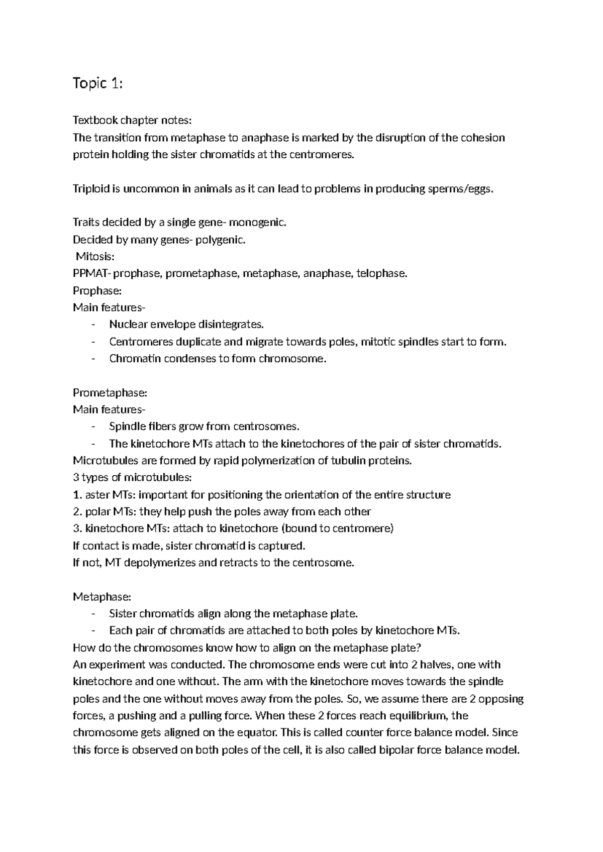 WJL topic notes - Topic 1: Textbook chapter notes: The transition from ...