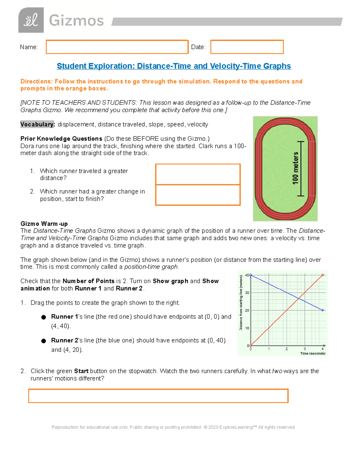 Copy of Distance Time Velocity SEm - Name: Date: Student Exploration ...