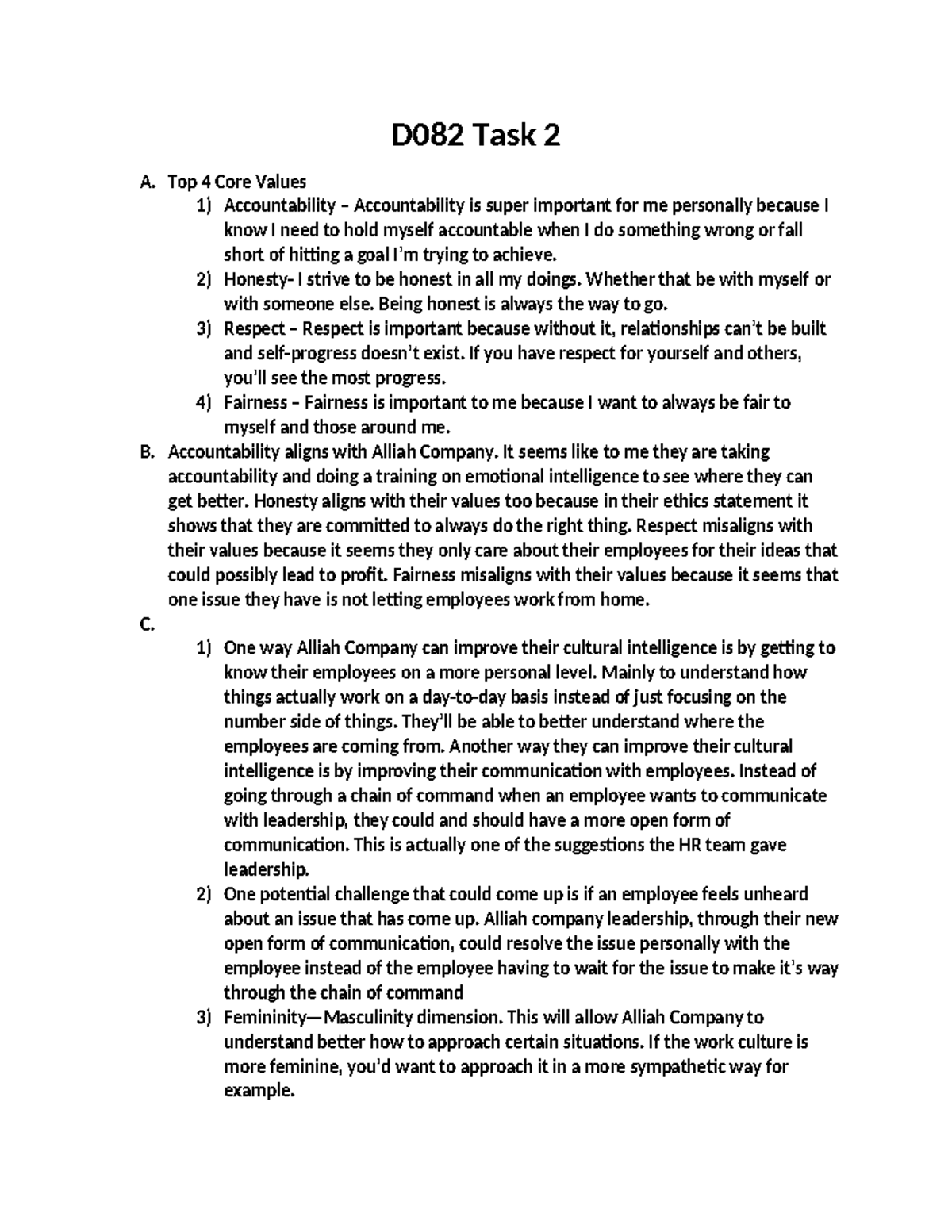 D082 Task 2 - D082 Task 2 - D082 Task 2 A. Top 4 Core Values 1 ...