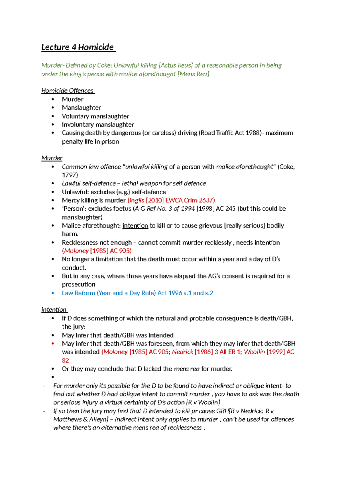 Criminal Law Lecture 4 Homicide - Lecture 4 Homicide Murder- Defined by ...