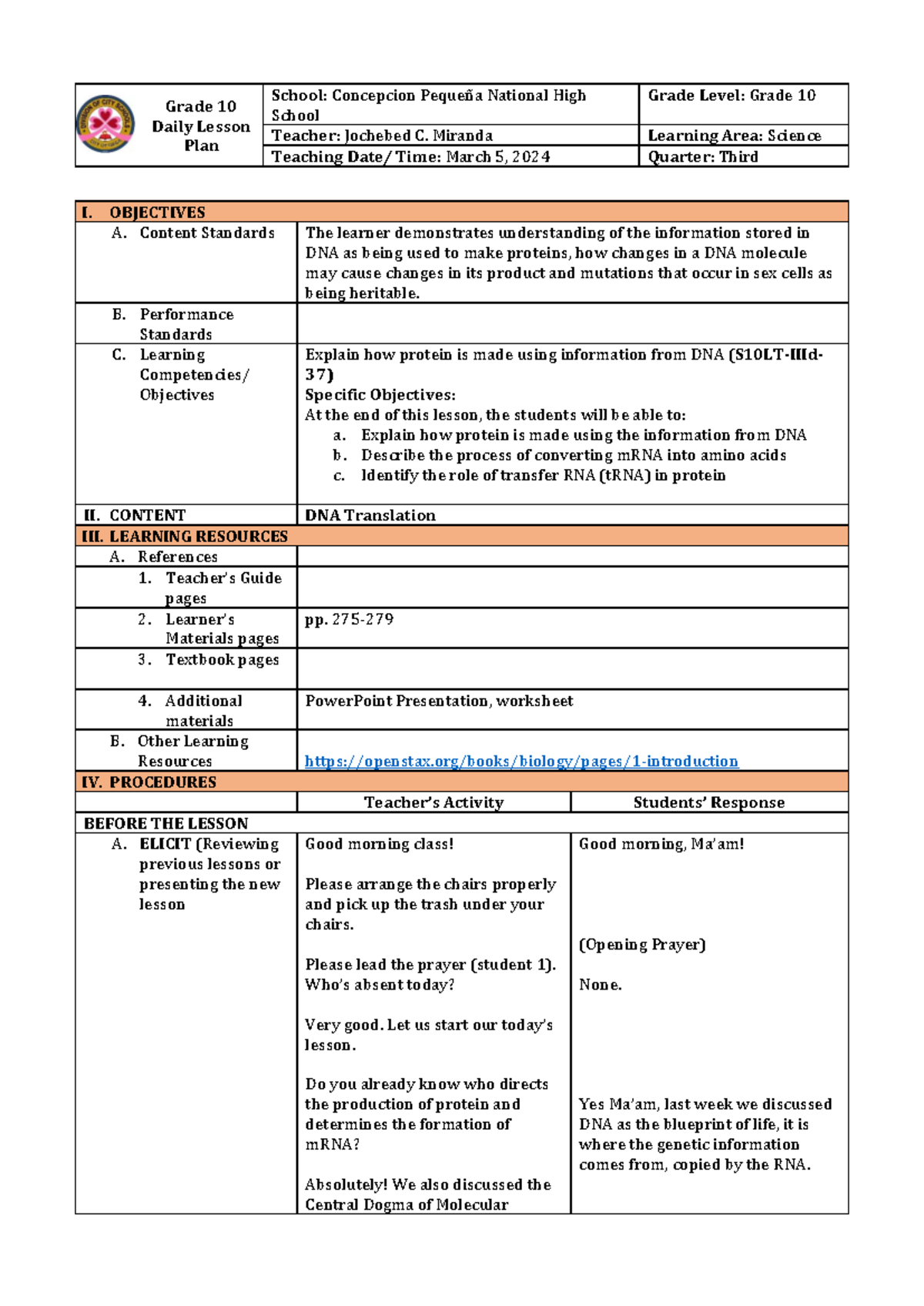 7ES DLP DNA Translation - Grade 10 Daily Lesson Plan School: Concepcion ...