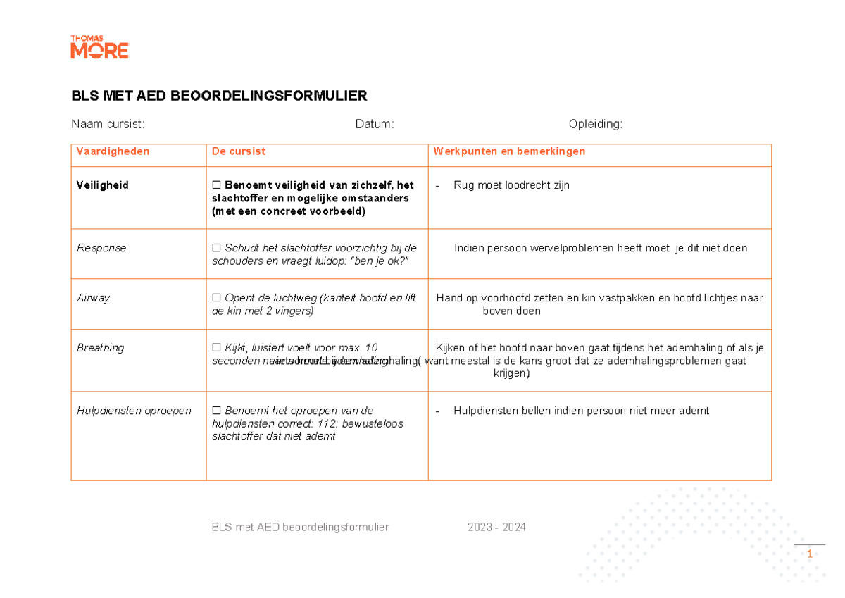AED formulier - BLS MET AED BEOORDELINGSFORMULIER Naam cursist: Datum ...