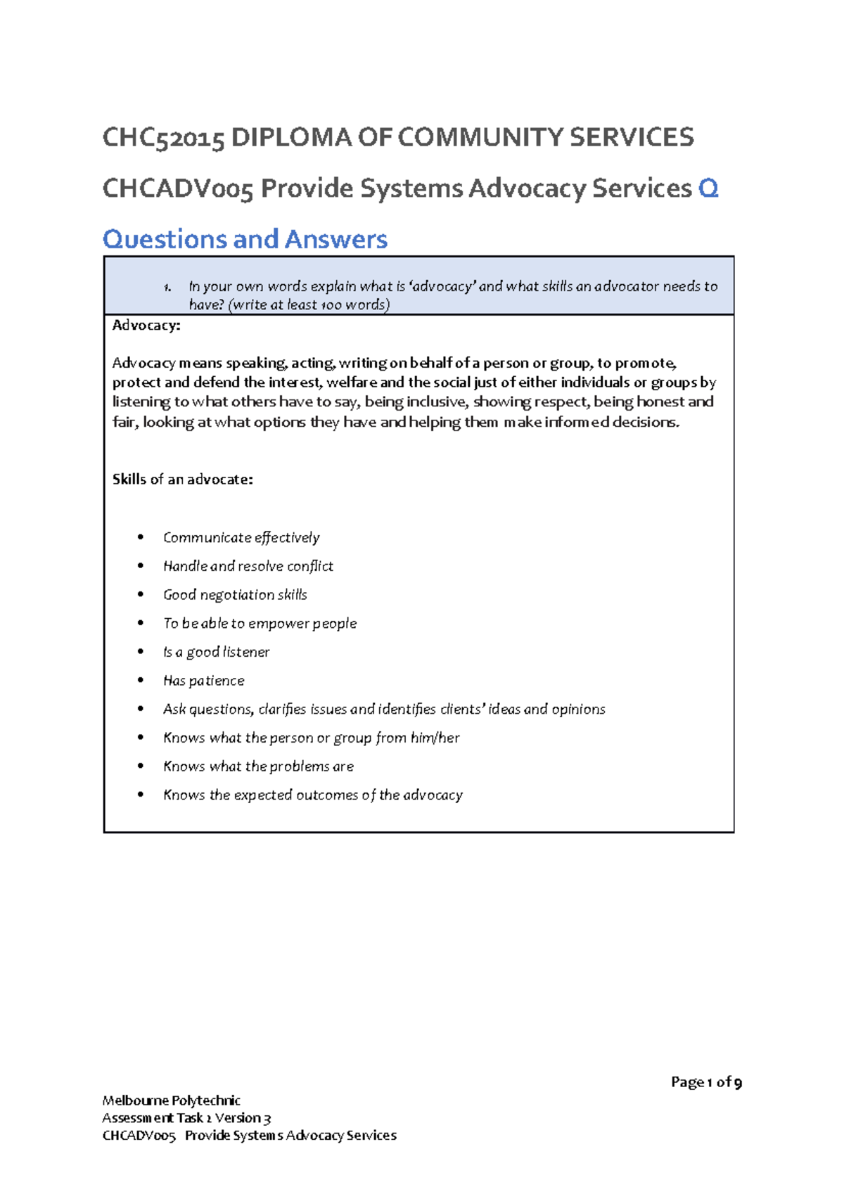 Chcadv 005 Provide Systems Advocacy Services Task 2 - CHC52015 DIPLOMA ...