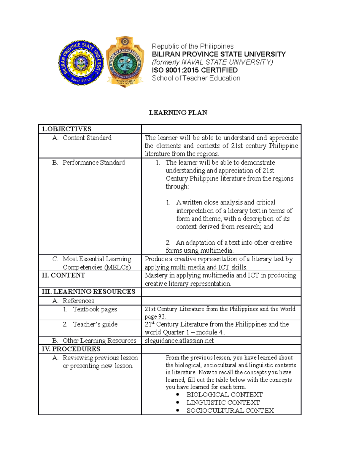 LP-SM ASV- BSED-3A - awkjd - Republic of the Philippines BILIRAN ...