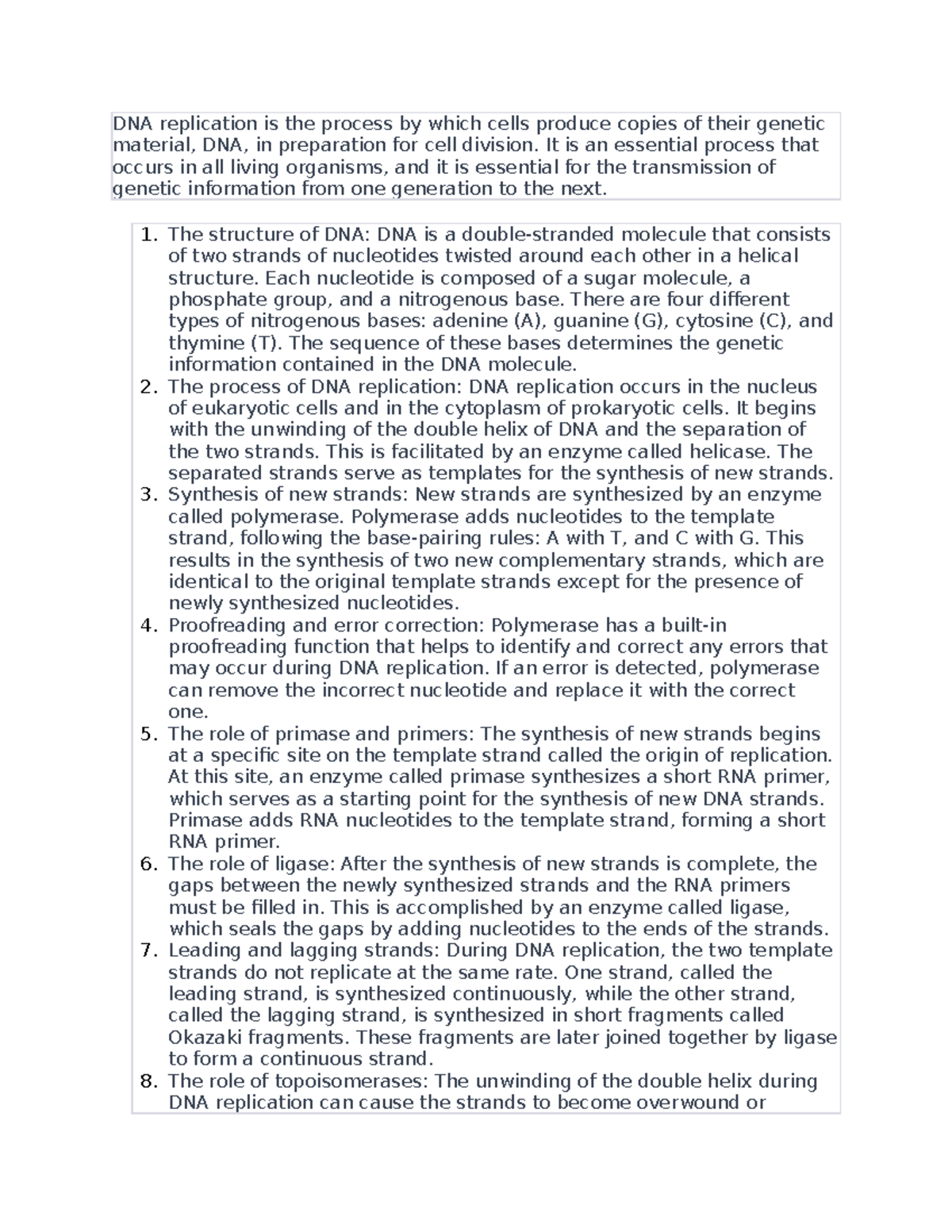 DNA replication is the process by which cells produce copies of their ...