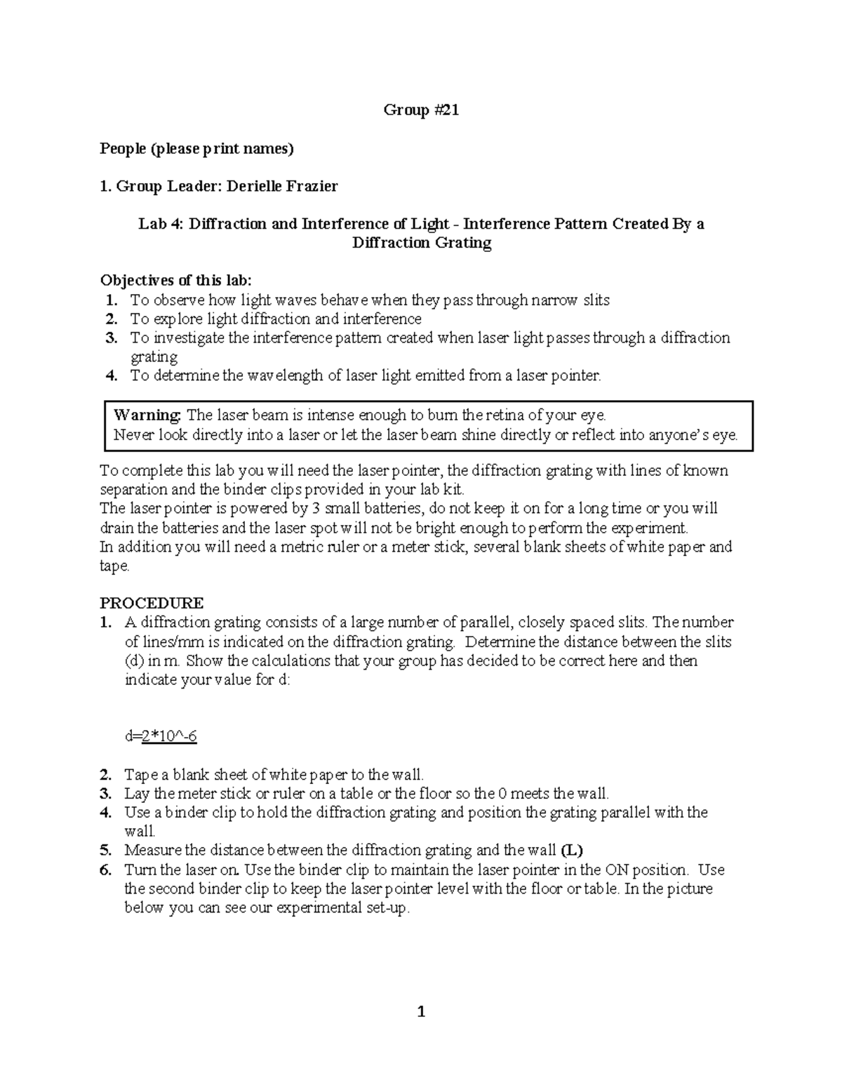 Lab 4 Worksheet Diffraction and Interference of Light - Group # People ...