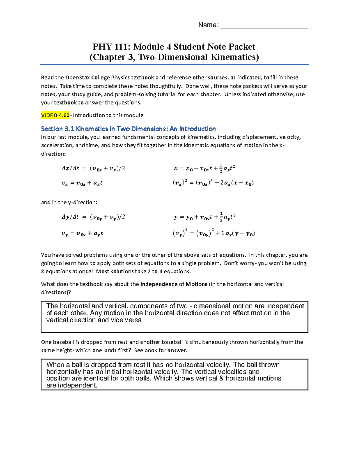 Module 04 Student Note Packet- Chapter 3- Two-D Kinematics - Name