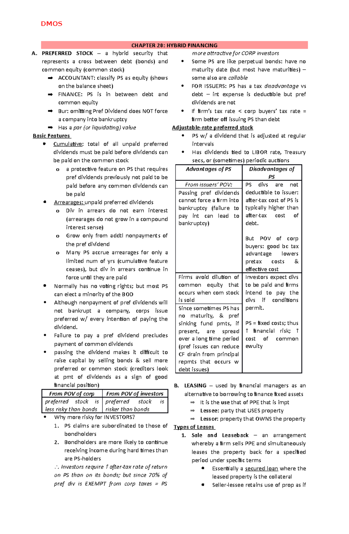 Chapter 20 Hybrid Financing - CHAPTER 20: HYBRID FINANCING A. PREFERRED ...