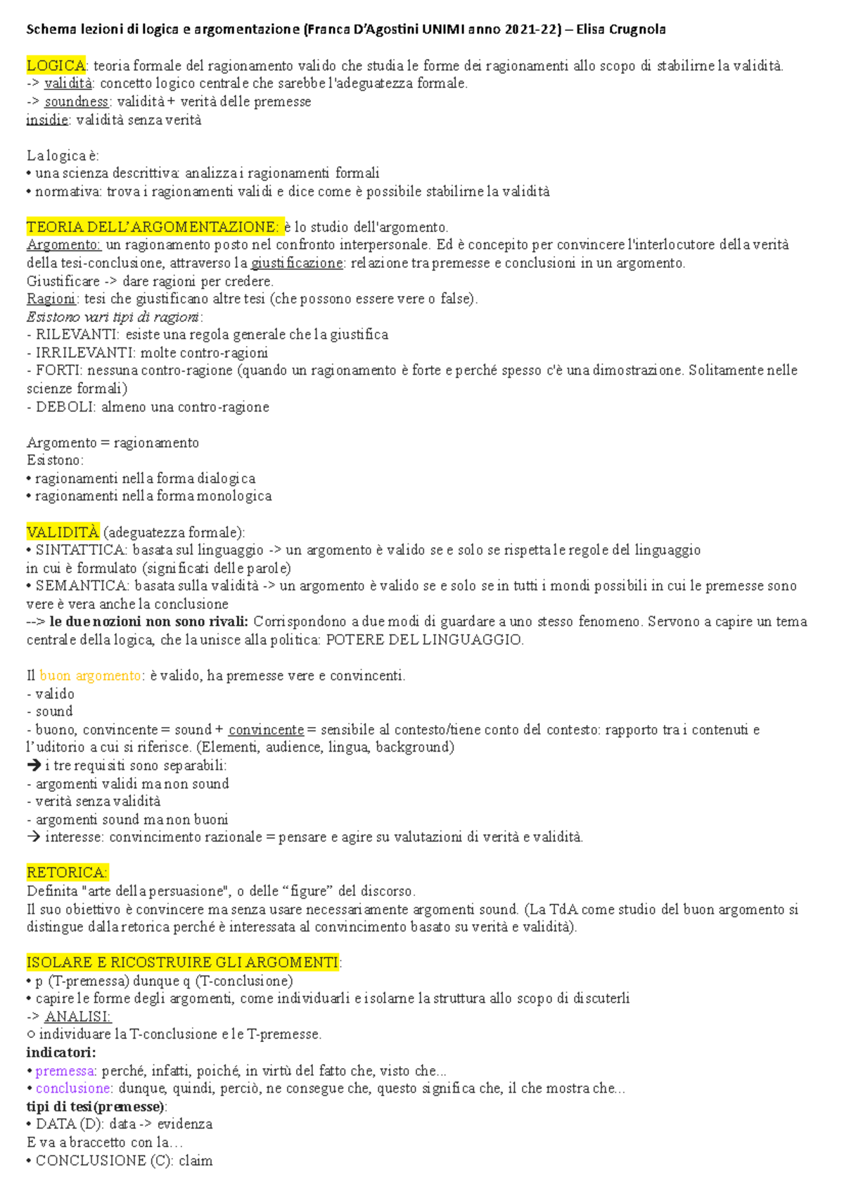 Schema logica e argomentazione-2 - Schema lezioni di logica e ...