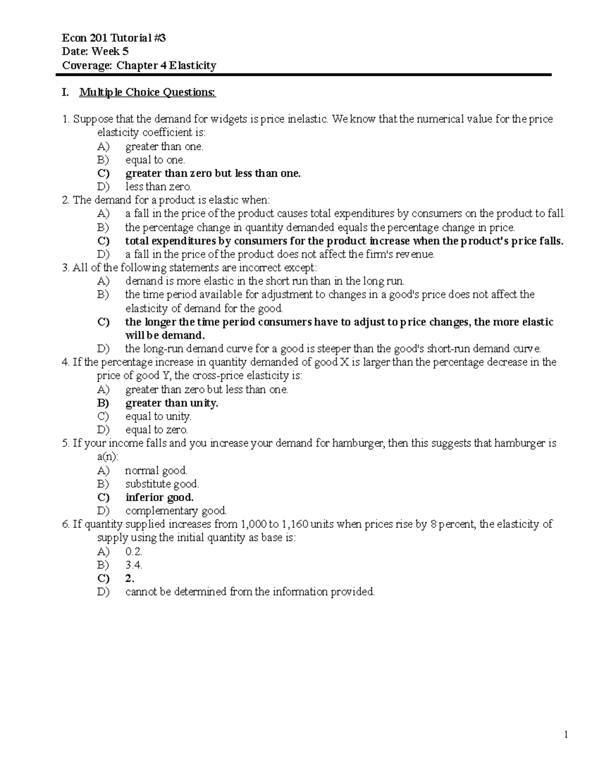 201 tutorial answers 3 - Econ 201 Tutorial # Date: Week 5 Coverage: Chapter 4 Elasticity I ...