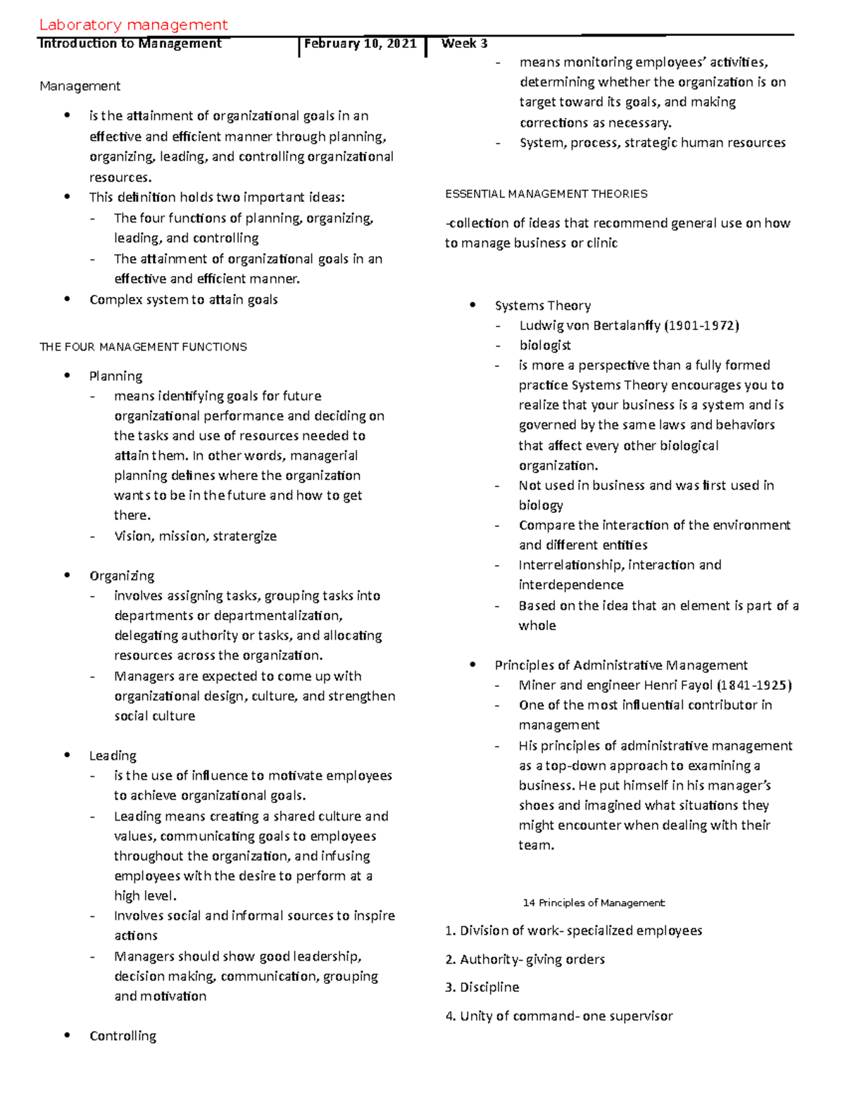 Week 3 introduction to management - Introduction to Management February ...