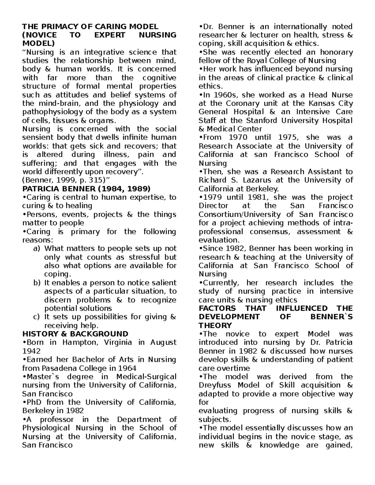 Erickson's Theory - THE PRIMACY OF CARING MODEL (NOVICE TO EXPERT ...