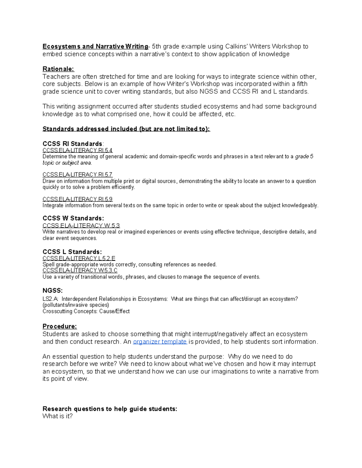 Calkins and ngss integration examples - Ecosystems and Narrative ...