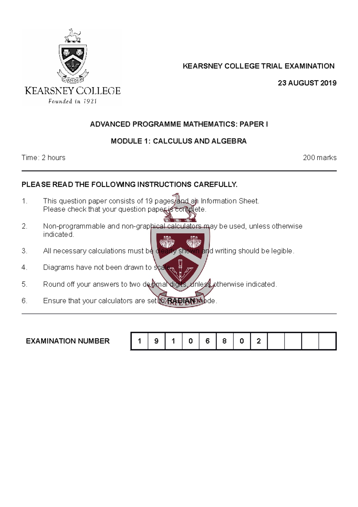 Trial Examination APM Paper 1 2019 Final - KEARSNEY COLLEGE TRIAL ...