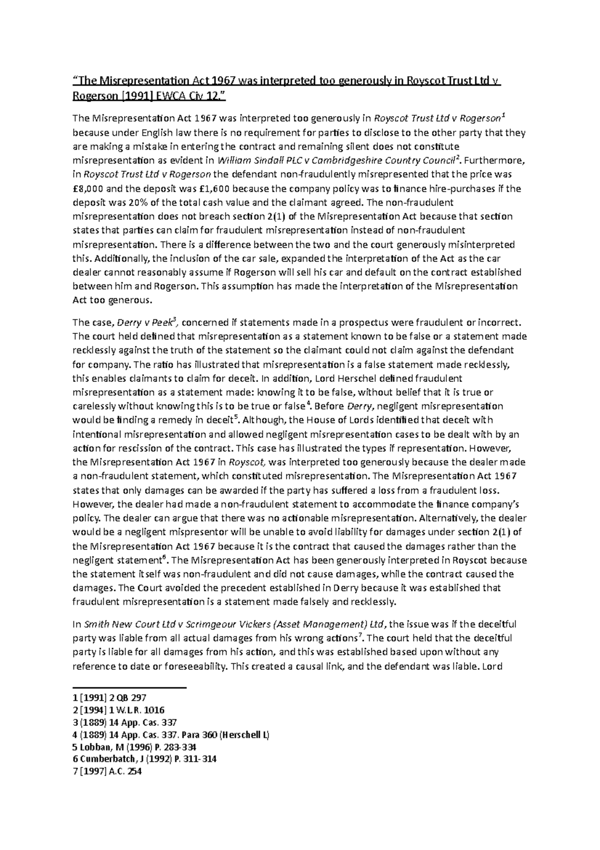 Contract Essay (Misrepresentation) - “The Misrepresentation Act 1967 ...