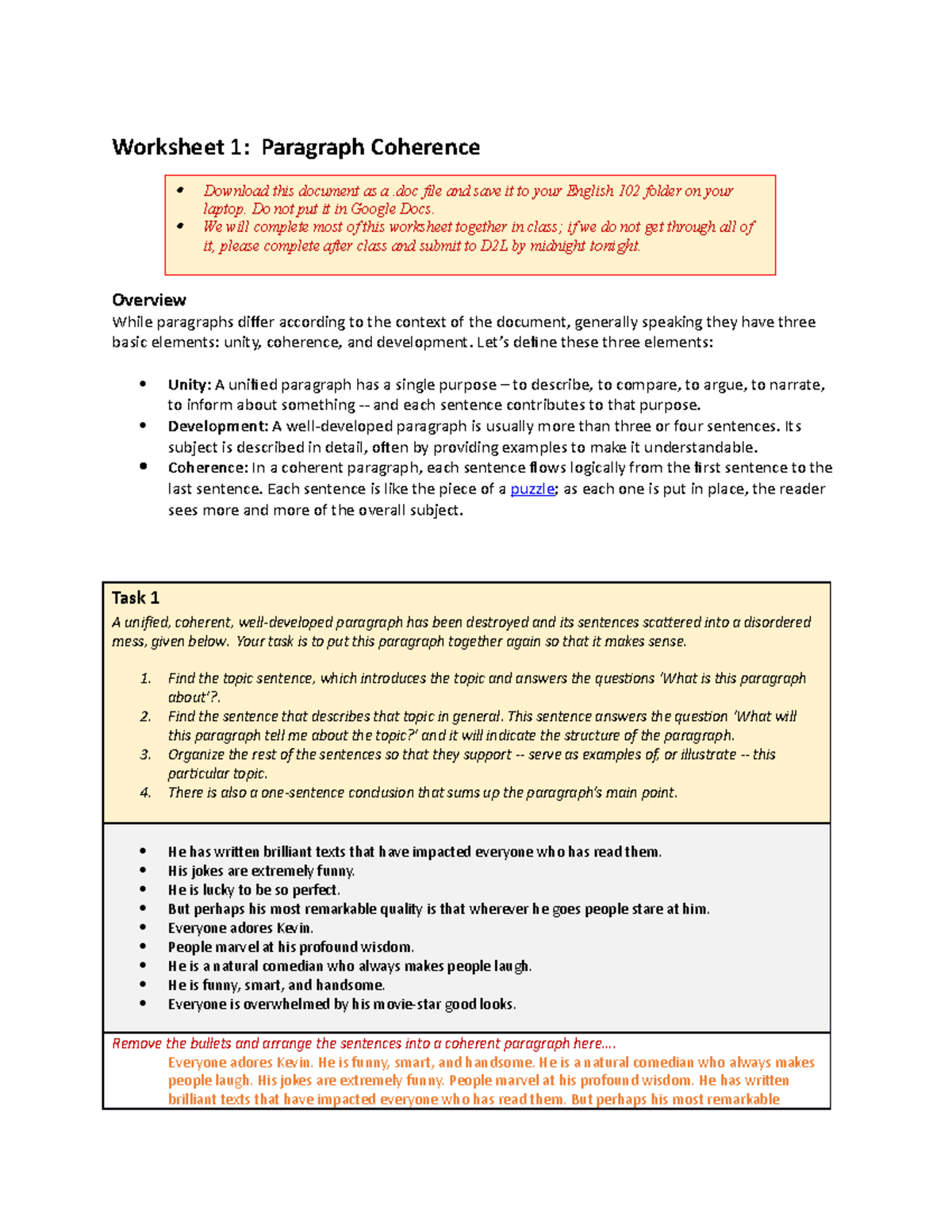 Worksheet 1 - Paragraph Coherence - Worksheet 1: Paragraph Coherence ...