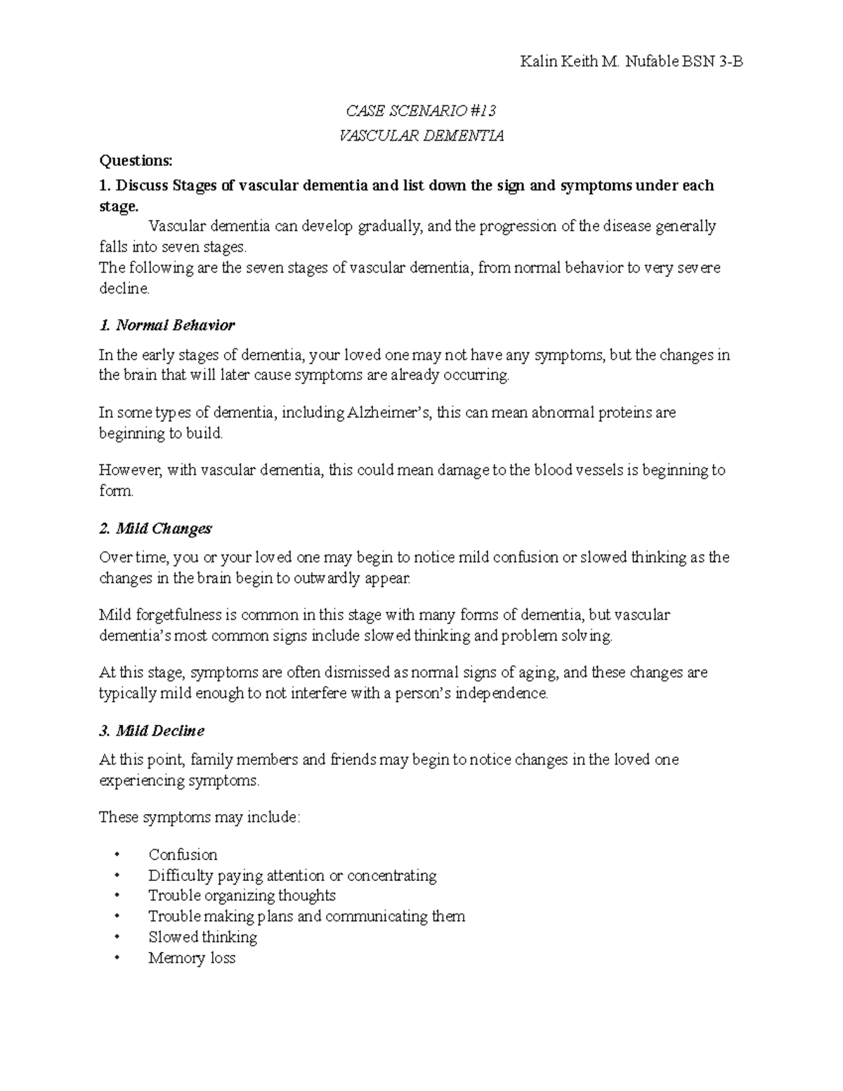Vascu. Dementia case - CASE SCENARIO VASCULAR DEMENTIA Questions ...