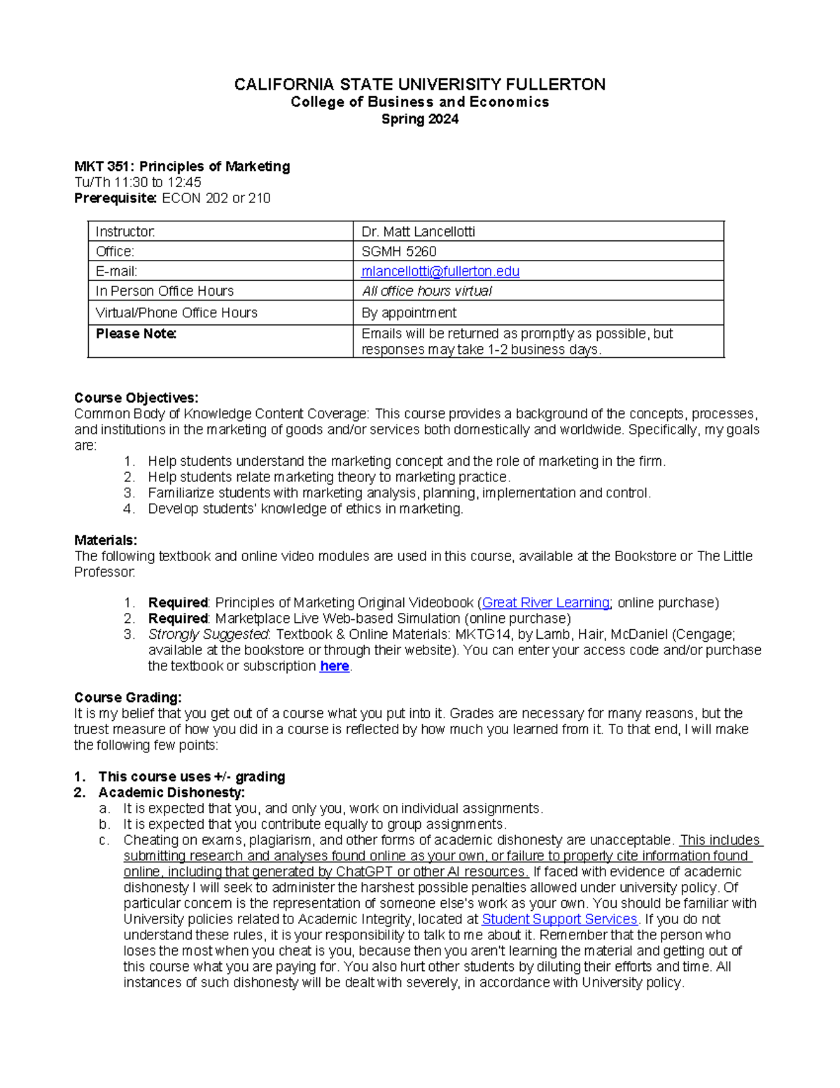 Syllabus - CALIFORNIA STATE UNIVERISITY FULLERTON College of Business ...