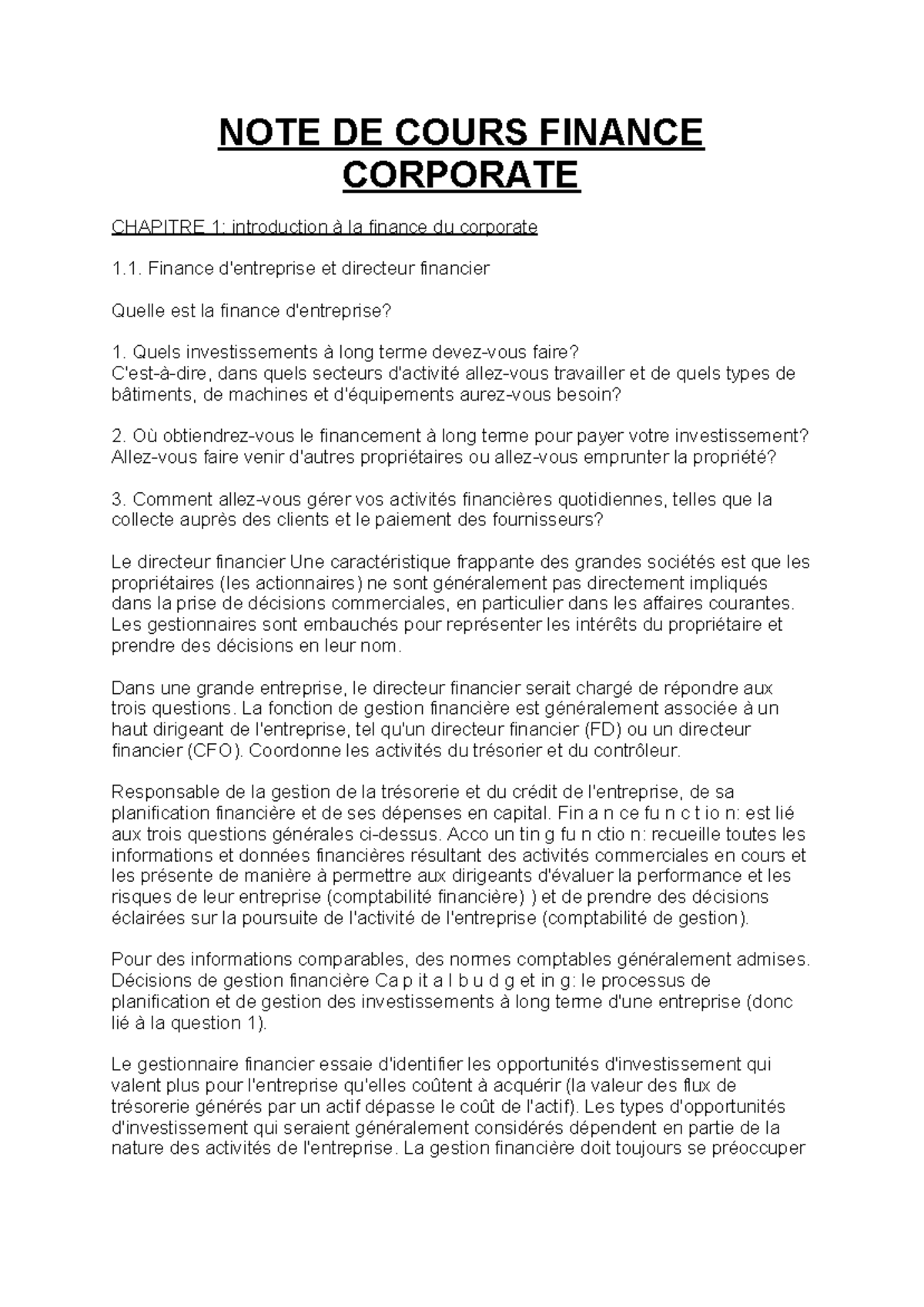Corporate Finance - NOTE DE COURS FINANCE CORPORATE CHAPITRE 1 ...
