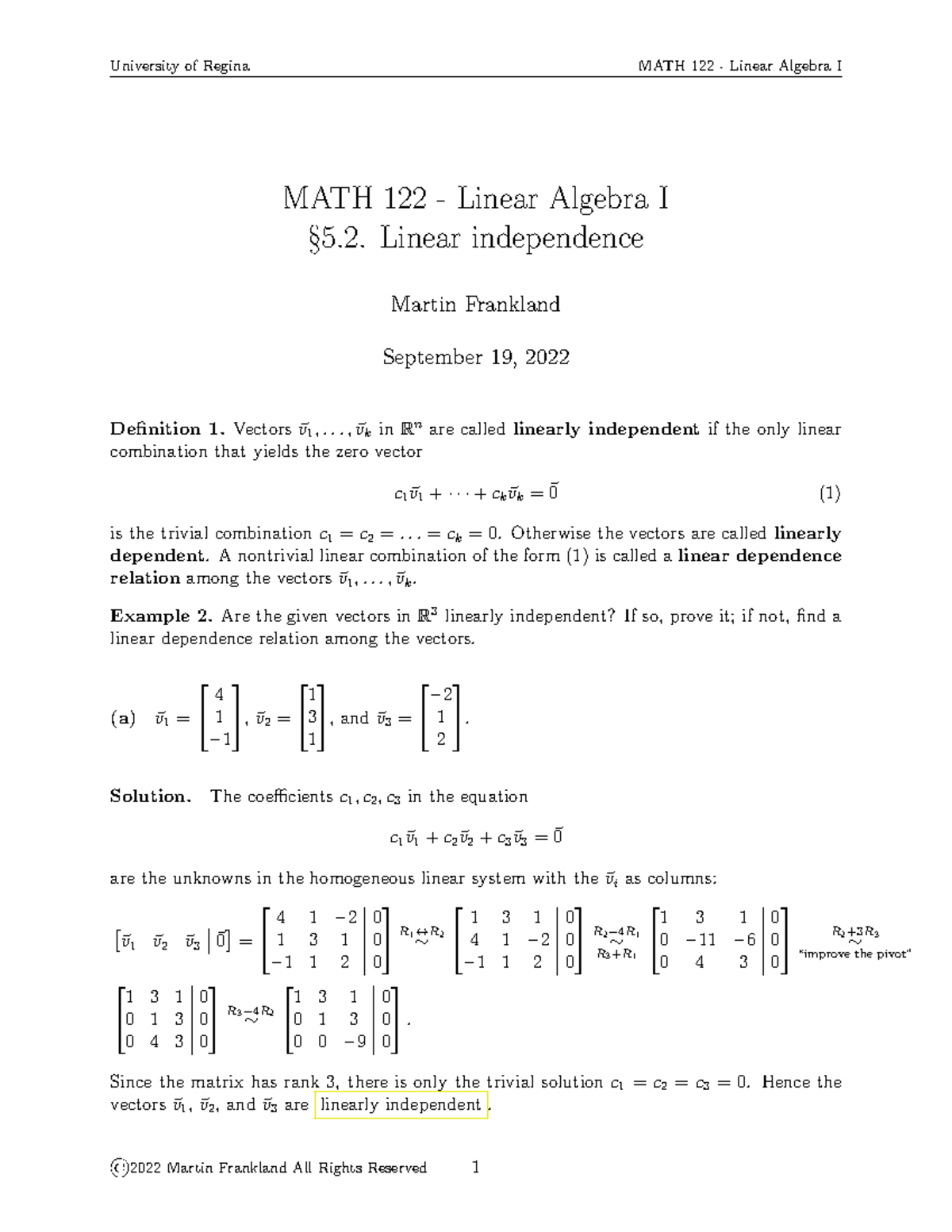 Math122 5-2 Linear Independence - University of Regina MATH 122 - Linear Algebra I MATH 122 ...