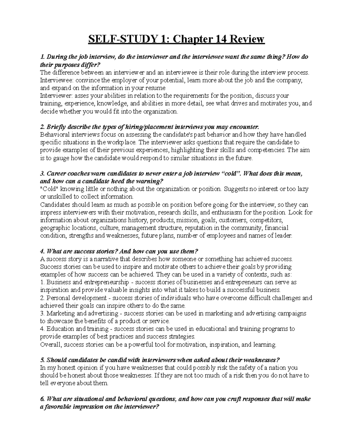 Selfstudy 1 Chapter 14 - SELF-STUDY 1: Chapter 14 Review During the job interview, do the - Studocu