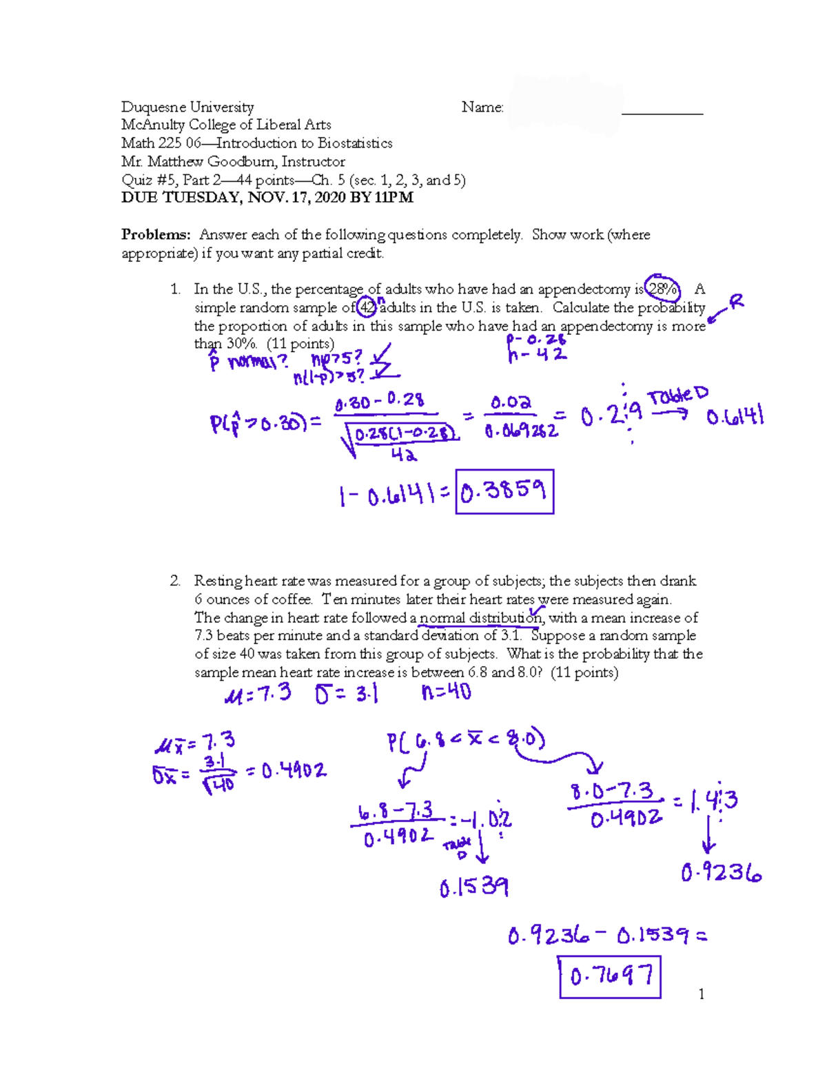 Math 225 06 Quiz 5 Part 2 - practice questions - 1 Duquesne University ...