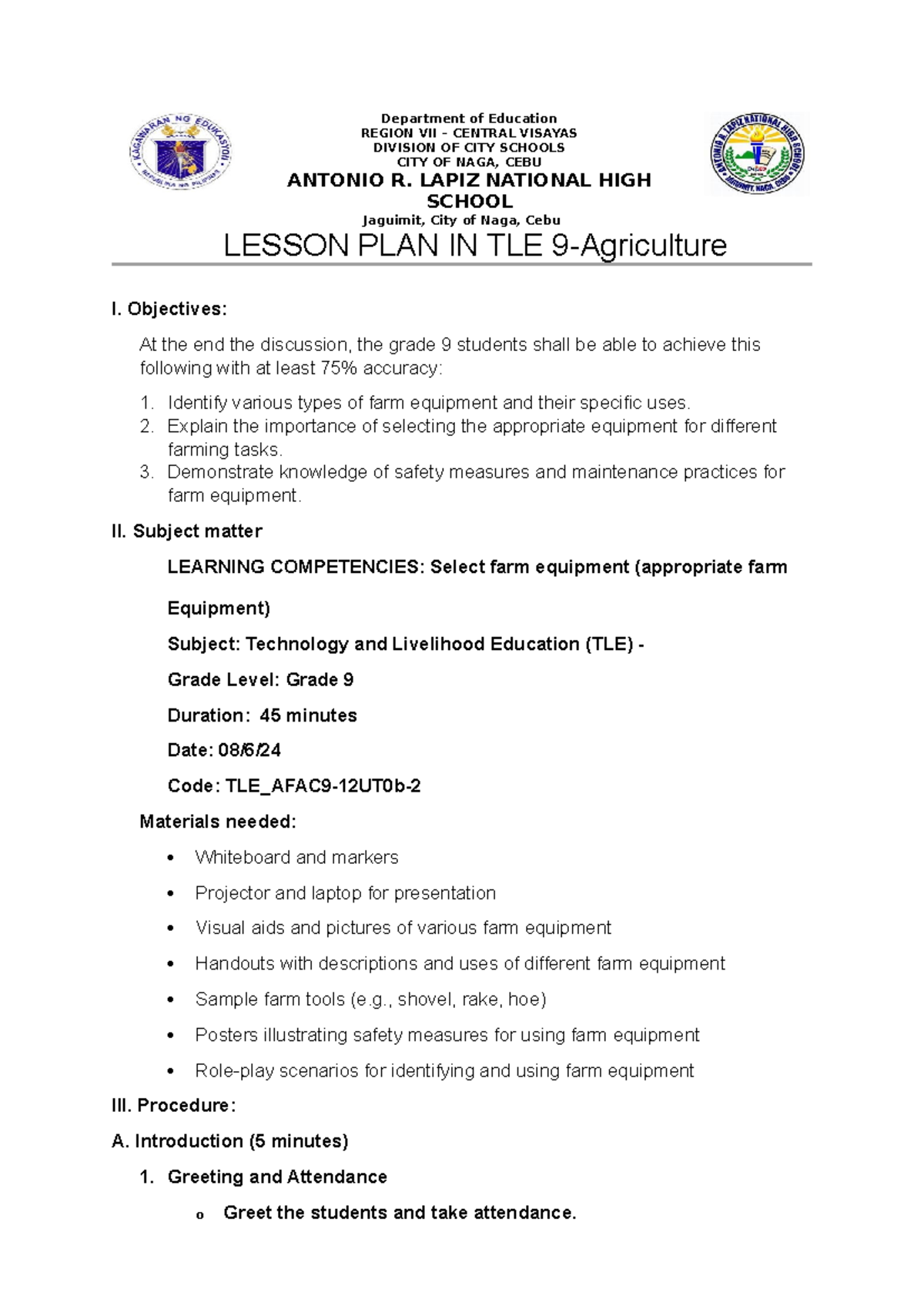 Agriculture 9 Q1-w2-D1 - Department of Education REGION VII – CENTRAL ...