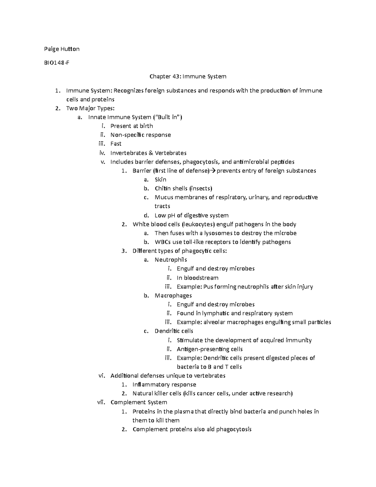 BIO148 Chapter 43 - Paige Hutton BIO148-F Chapter 43: Immune System ...