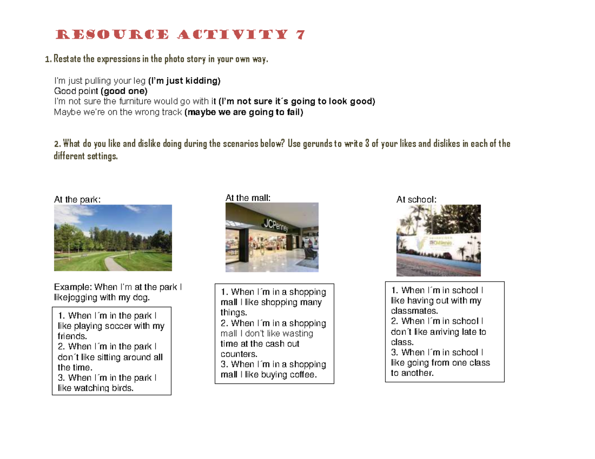 Activity 7 - Restate the expressions in the photo story in your own way ...