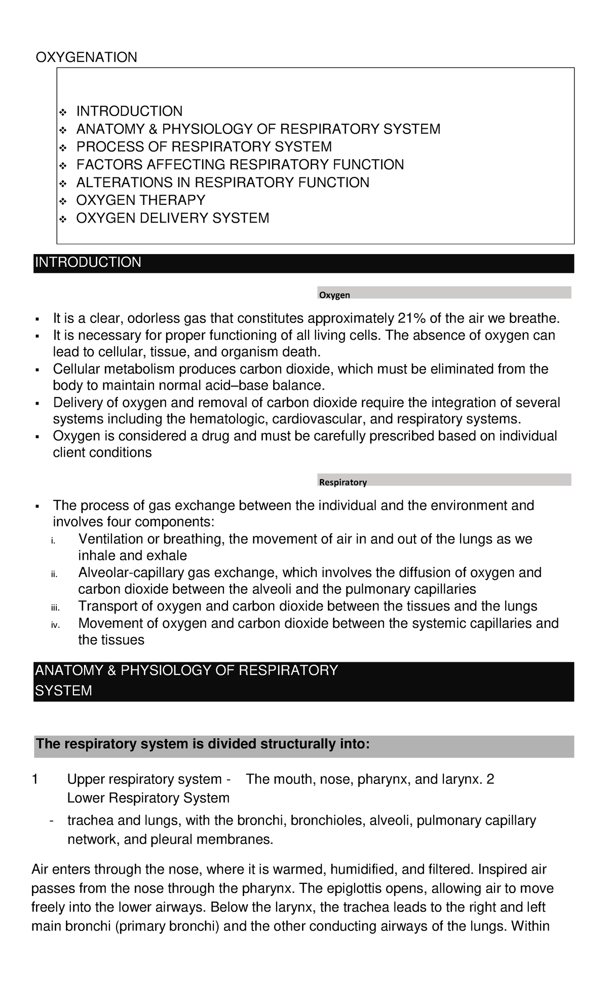 Oxygenation - summary - OXYGENATION Course Outline INTRODUCTION ANATOMY & PHYSIOLOGY OF - Studocu