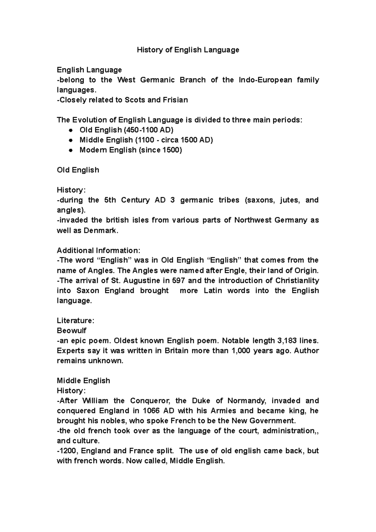 Notes of the History of English Language - History of English Language ...